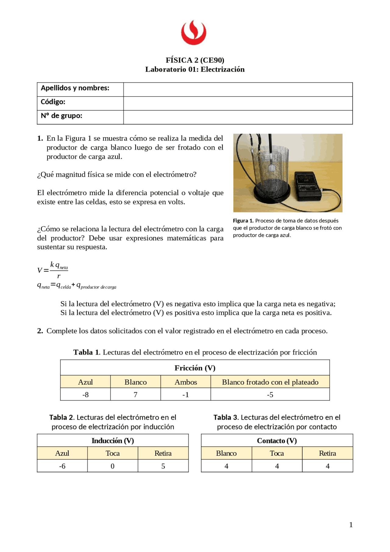 LABORATORIO 01 FISICA 2 | Exercises of Physics | Docsity
