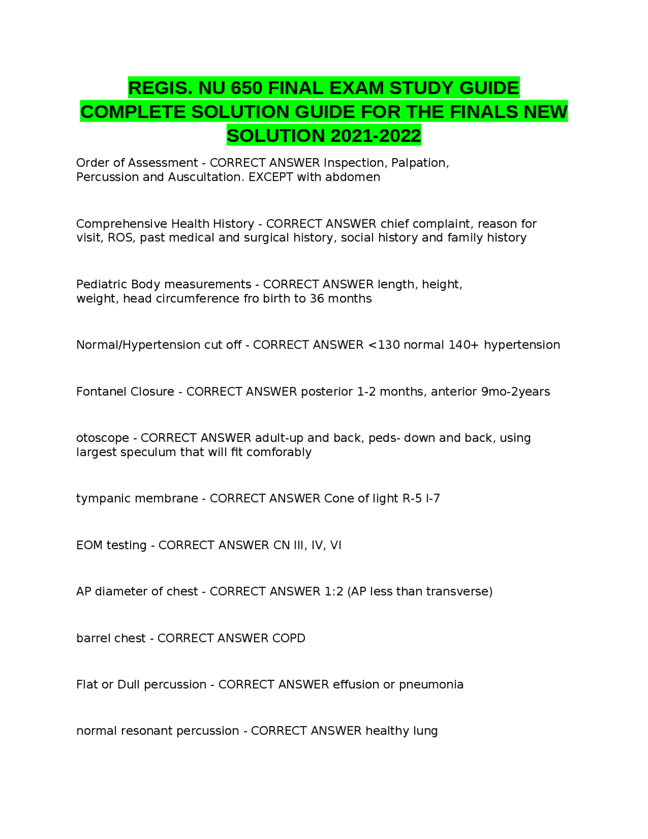 REGIS. NU 650 FINAL EXAM STUDY GUIDE COMPLETE SOLUTION GUIDE FOR THE ...