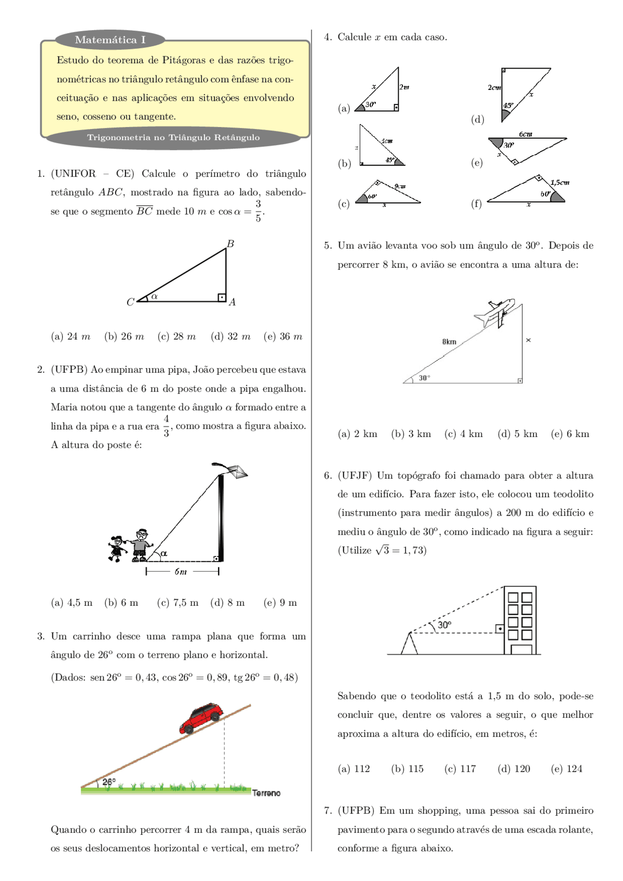 Atividade de matemática de trigonometria | Exercícios Matemática | Docsity