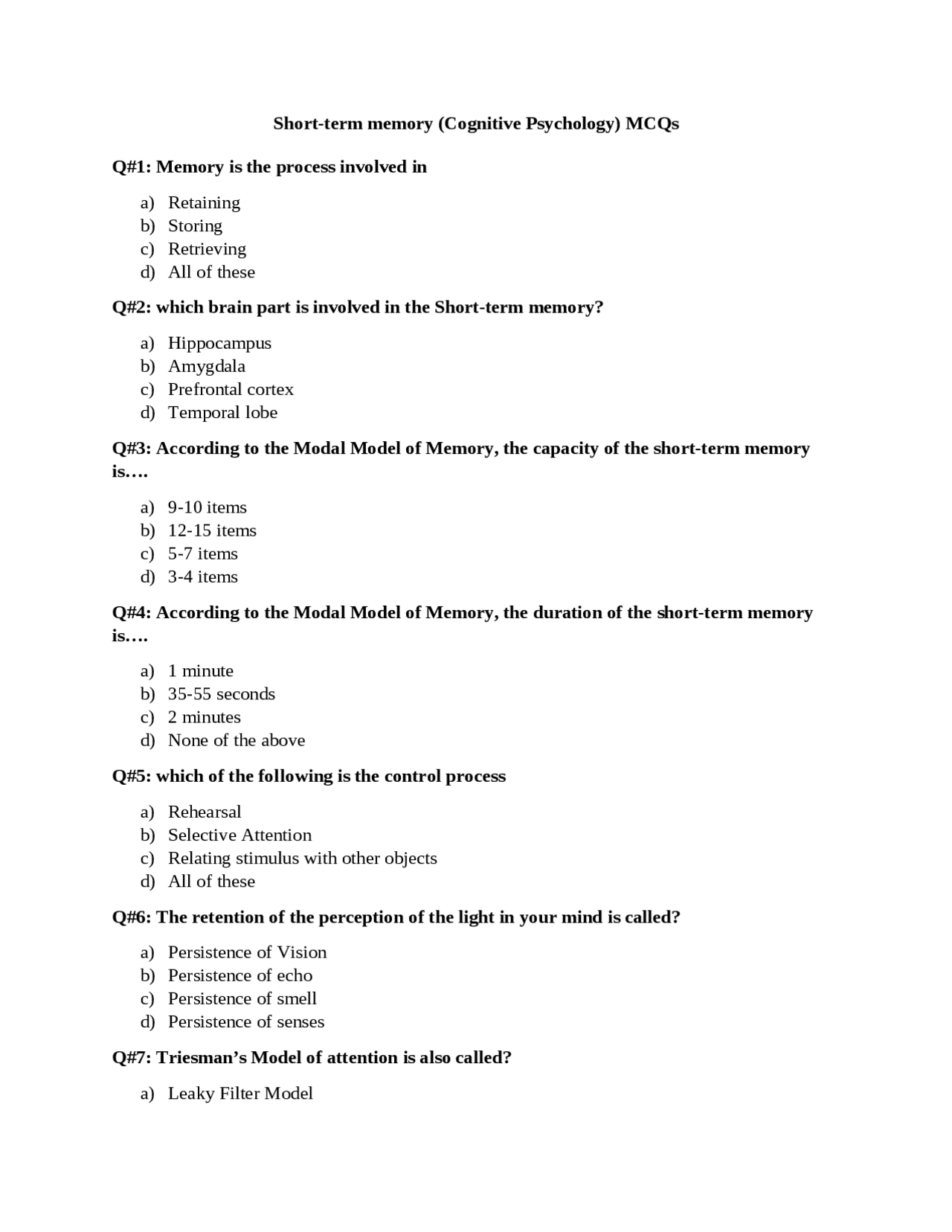 MCQs of Attention, Cognitive Psychology | Quizzes Cognitive Psychology ...