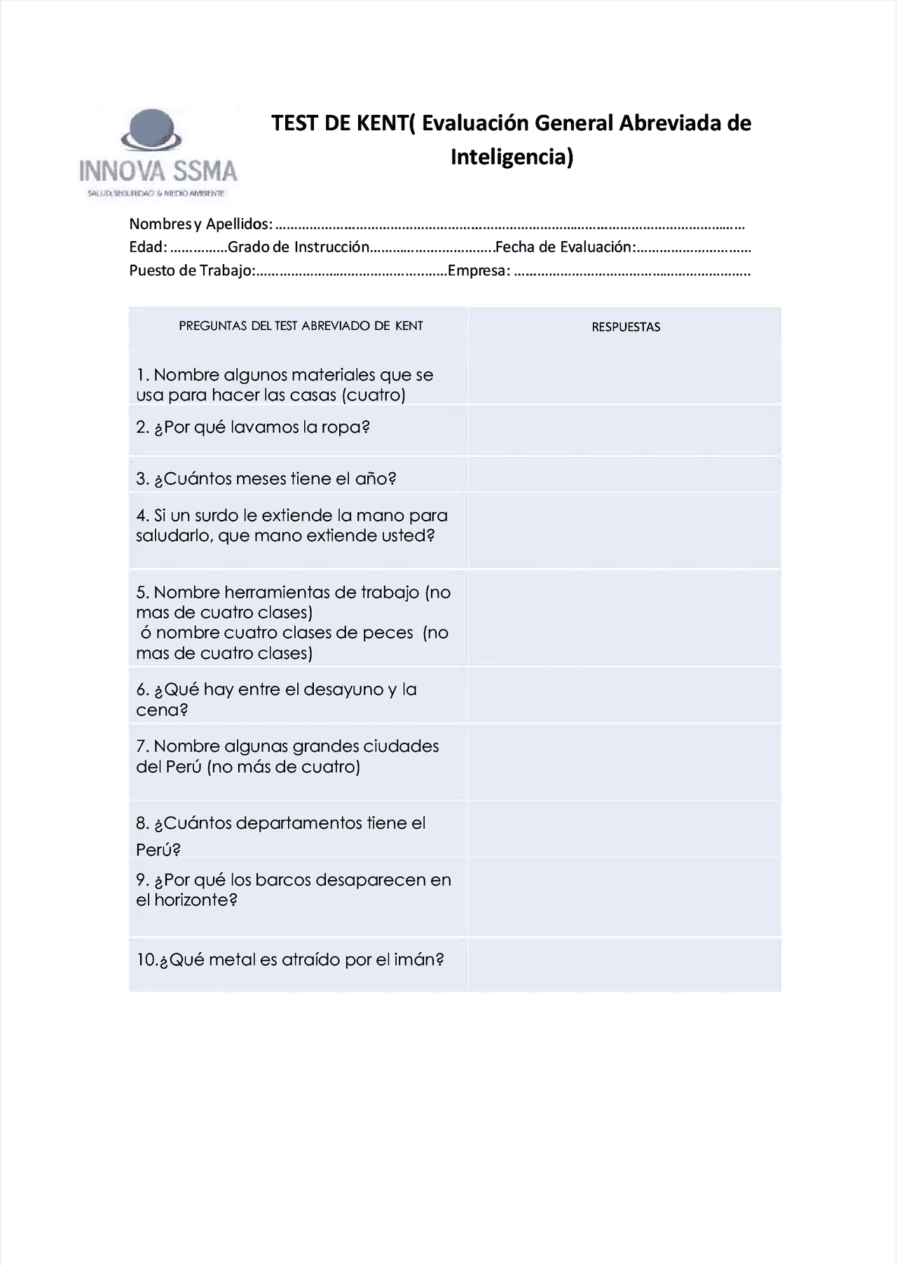 Test de Kent para Inteligencia General | Ejercicios de Psicología | Docsity