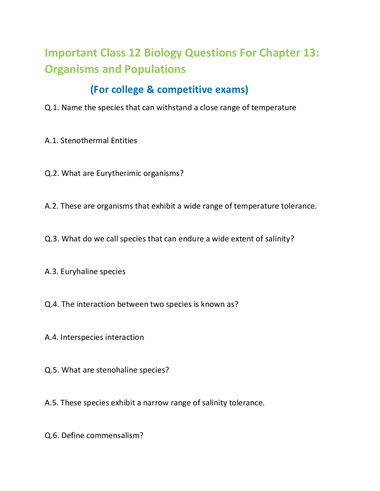 Class 12 Biology Questions For Chapter 13 - Organisms and Populations ...