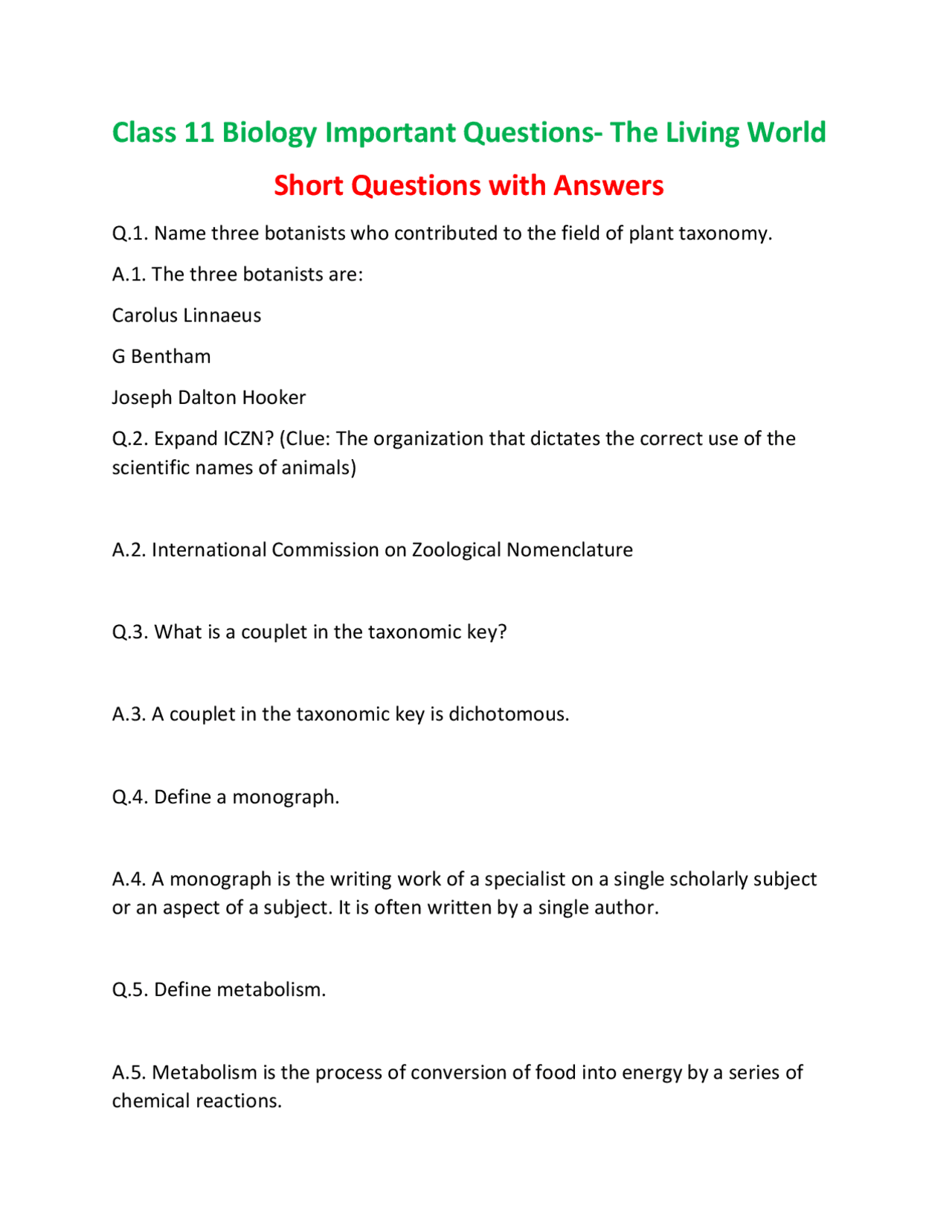 Class 11 Biology Important Questions- The Living World - Docsity