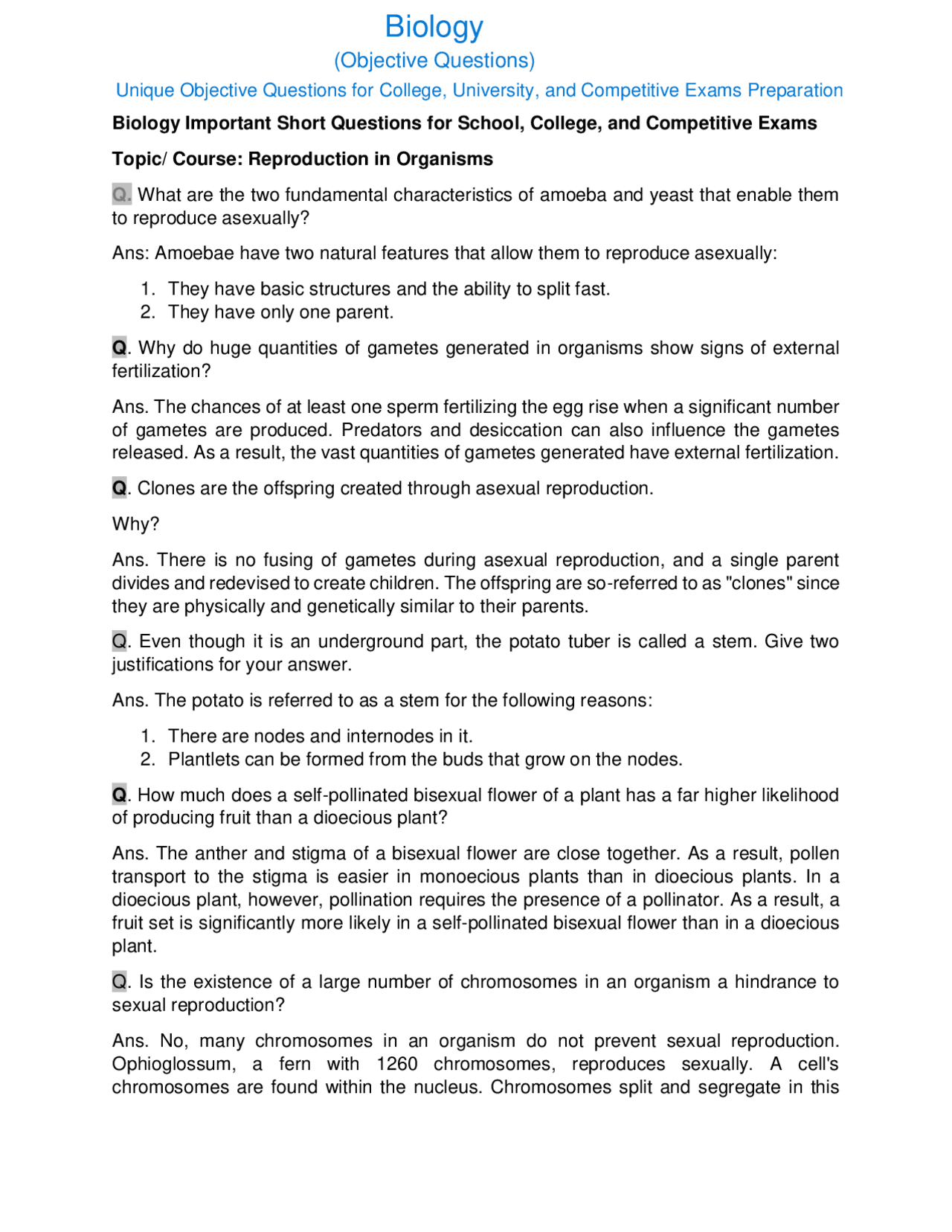 Biology Important Short Questions for School College and Competitive ...