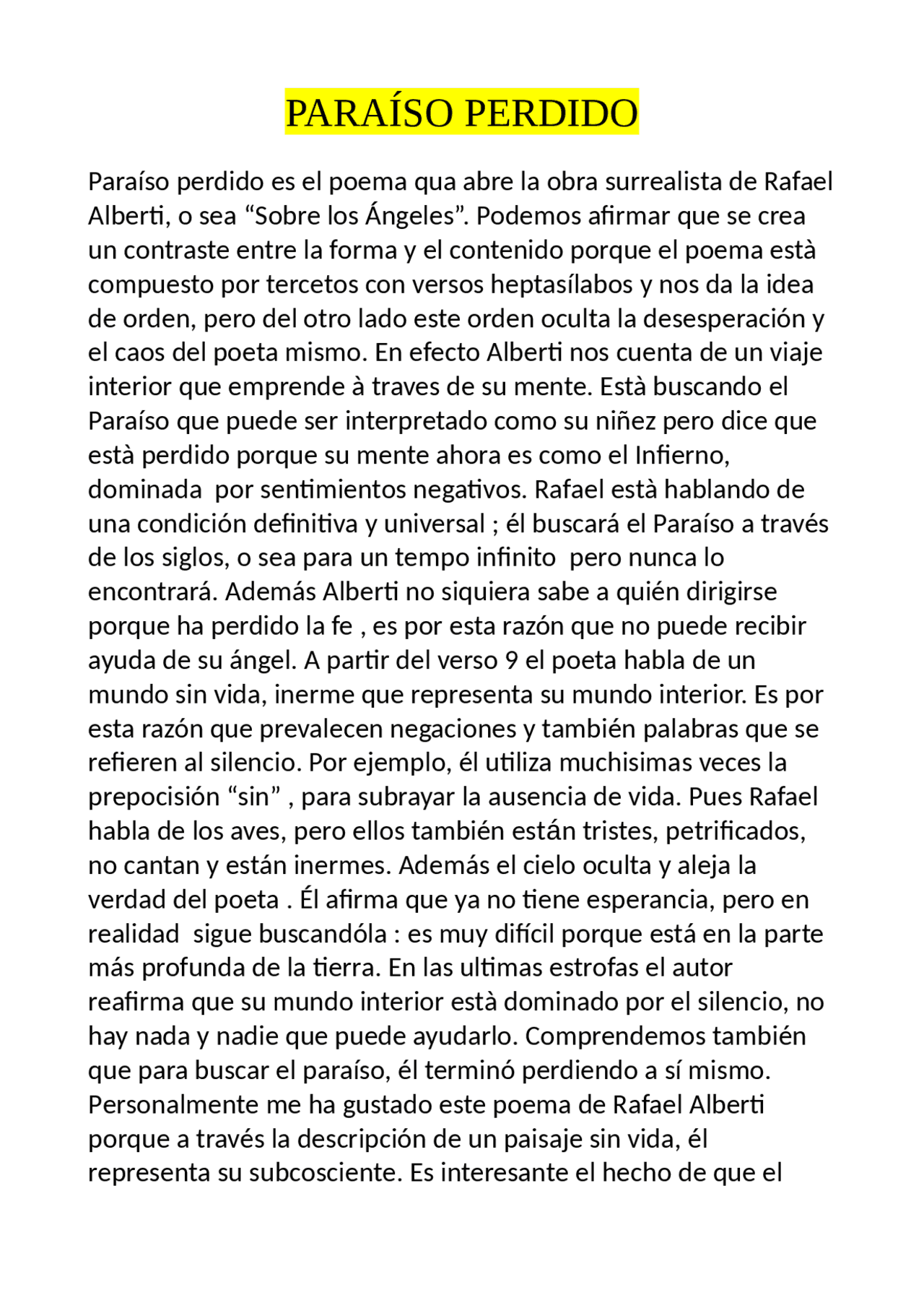 Paraiso Perdido- Rafael Alberti | Appunti di Spagnolo | Docsity