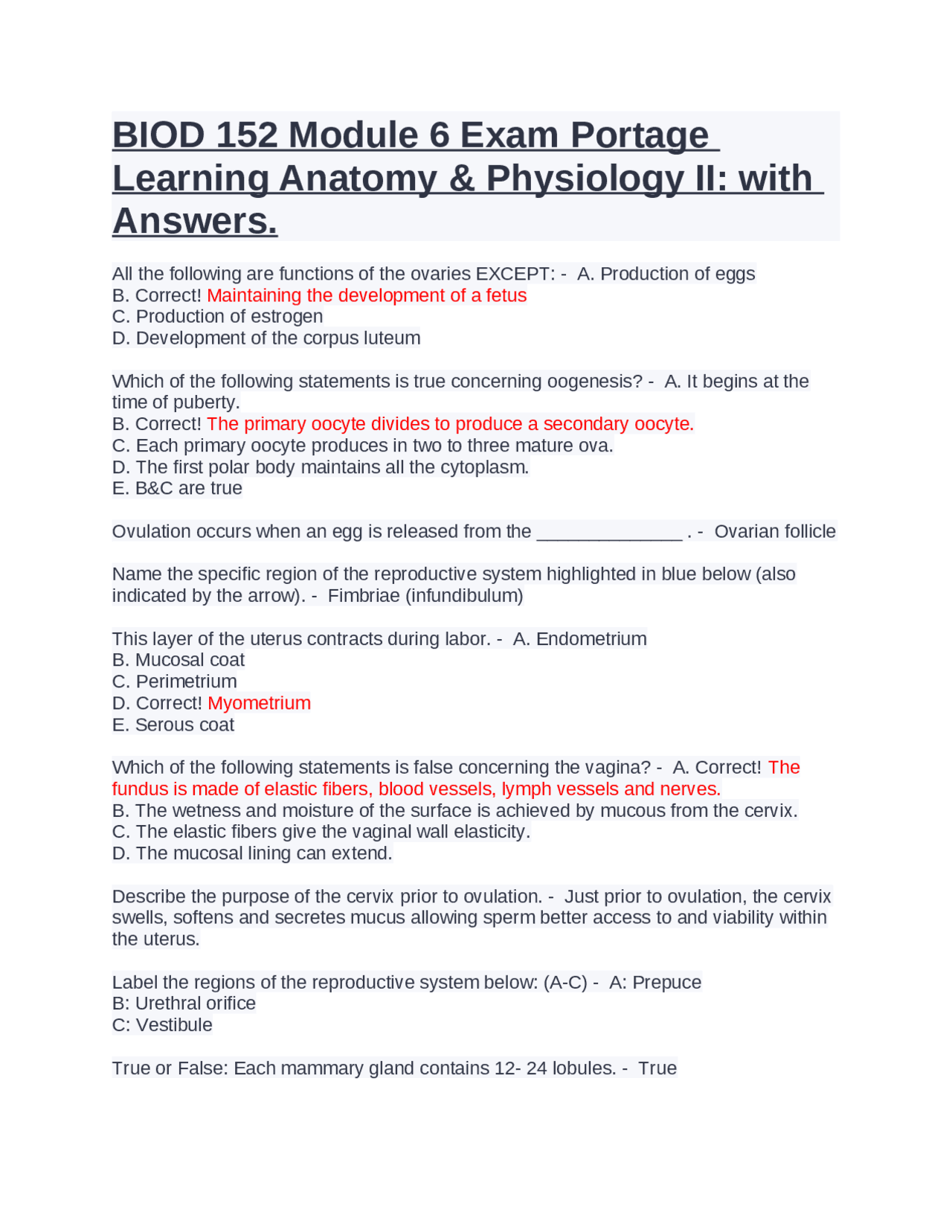 BIOD 152 Module 6 Exam Portage Learning Anatomy & Physiology II with ...