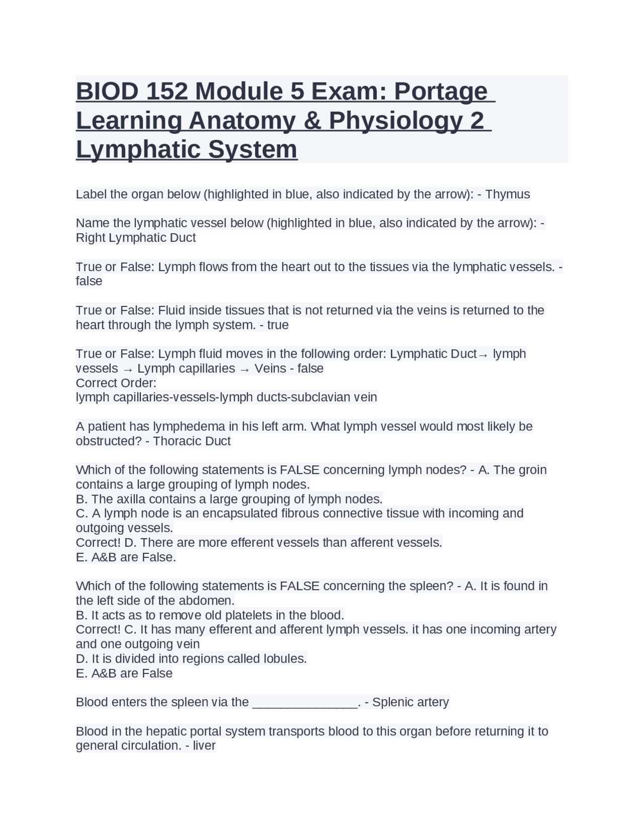 BIOD 152 Module 5 Exam Portage Learning Anatomy & Physiology 2 ...