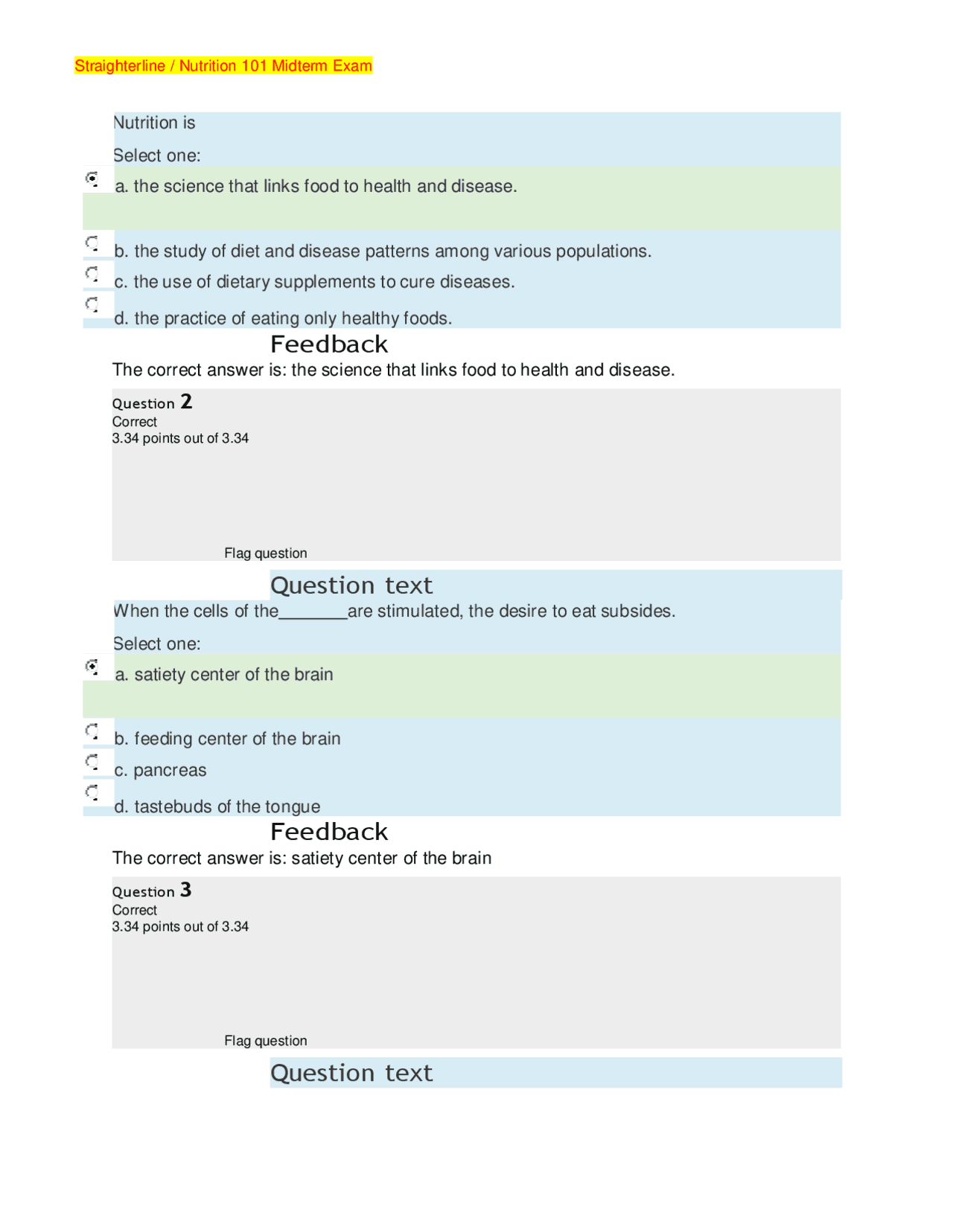 Straighterline / Nutrition 101 Midterm Exam Updated | Exams Nutrition | Docsity