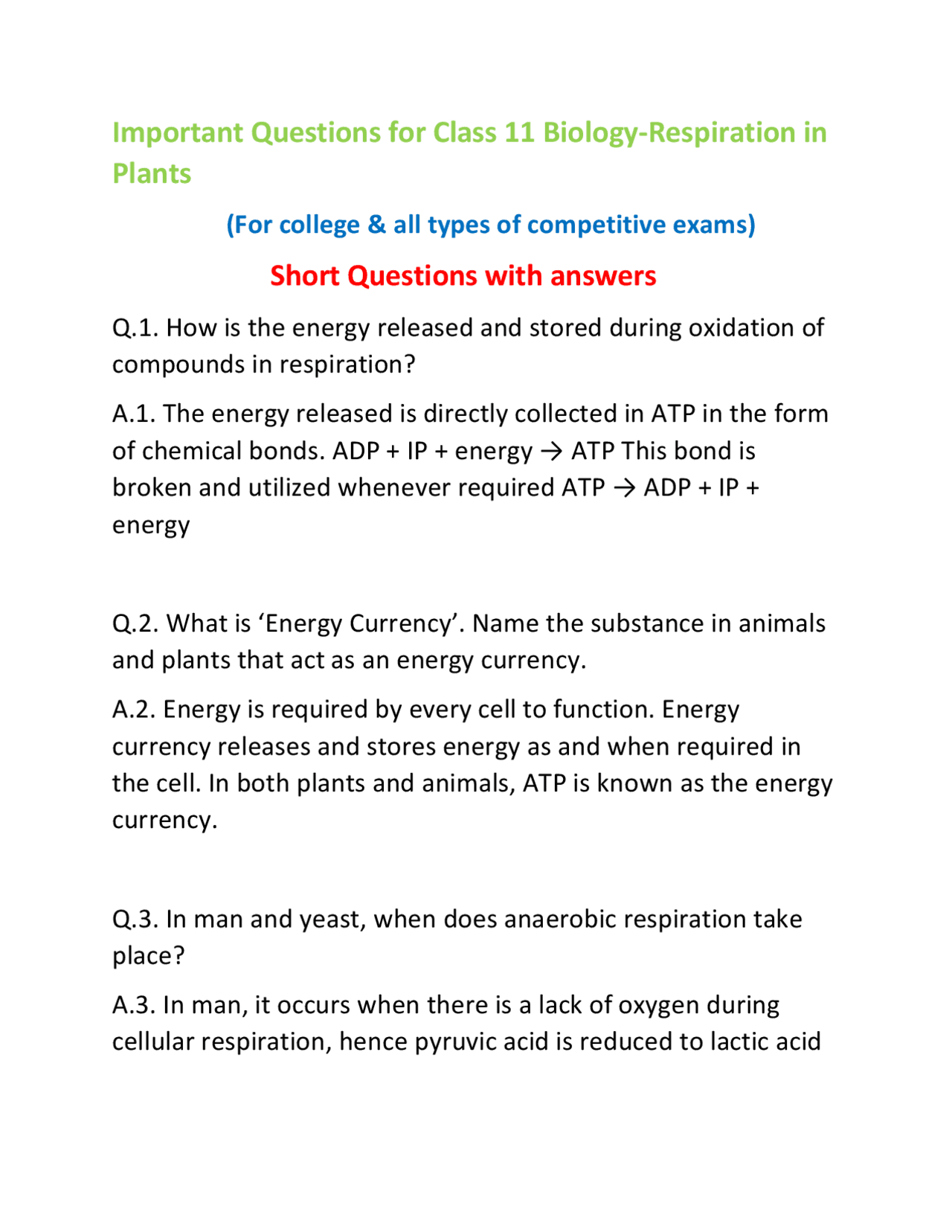 Important Questions for Class 11 Biology-Respiration in Plants - Docsity