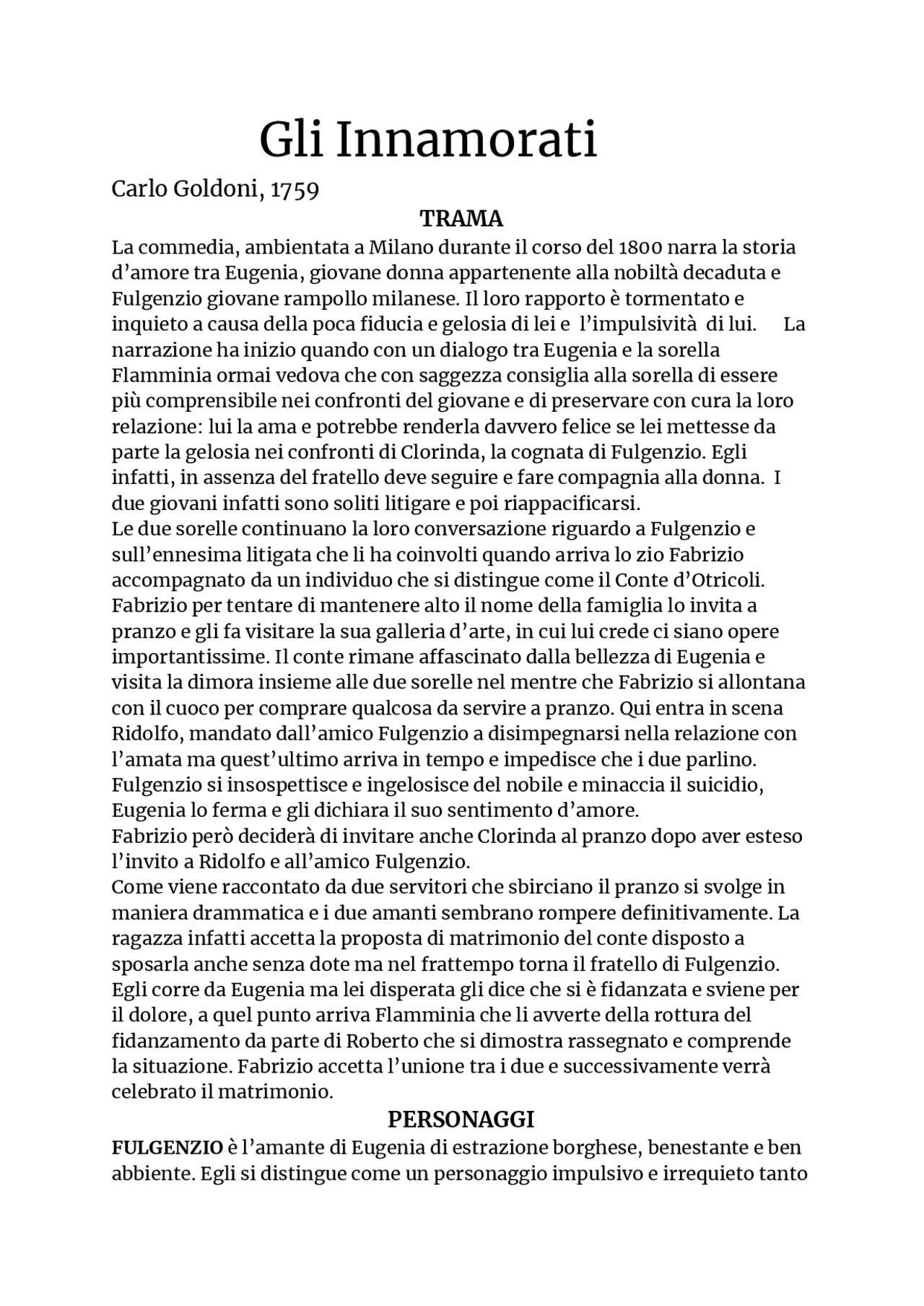 Gli innamorati, Goldoni | Appunti di Italiano | Docsity