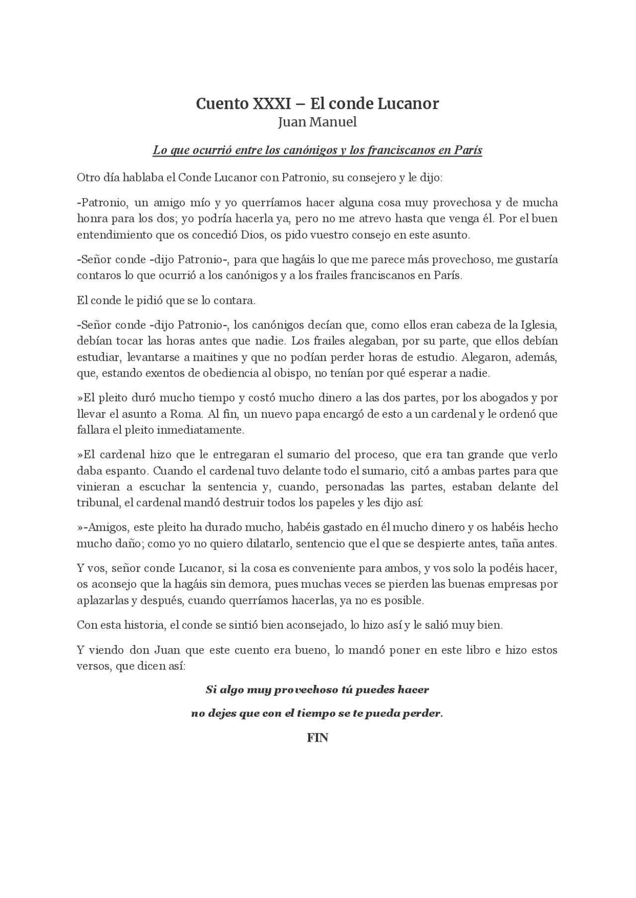 Cuentos de El Conde Lucanor | Appunti di Spagnolo | Docsity