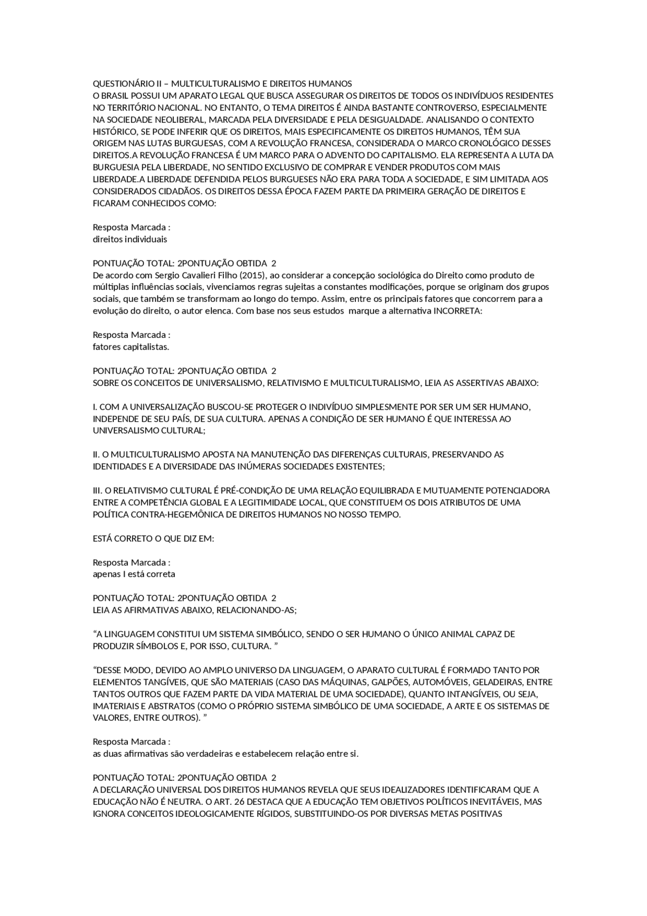 questionario 2 Multiculturalismo Faveni | Provas Pedagogia | Docsity