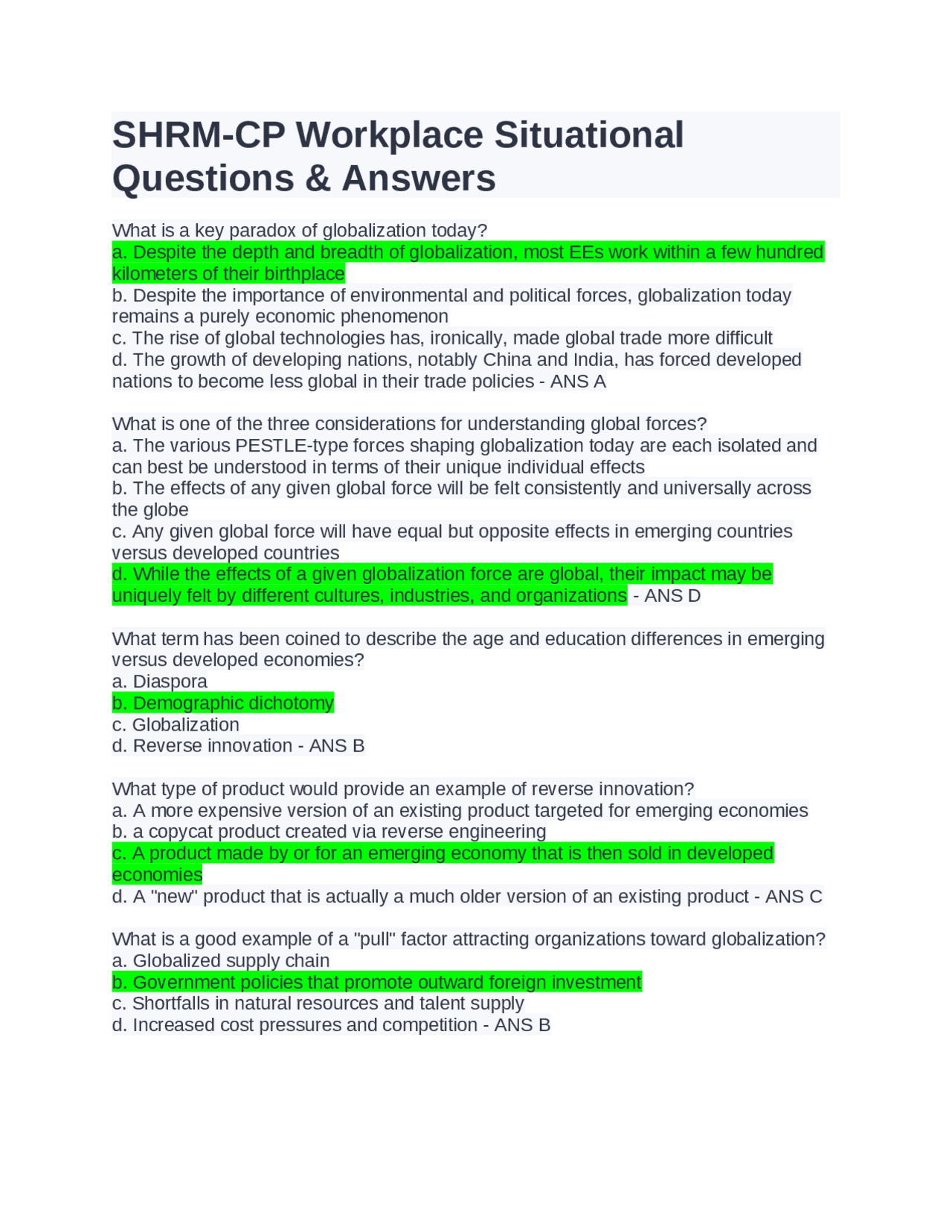 SHRM-CP Workplace Situational Questions & Answers. | Exams Nursing ...