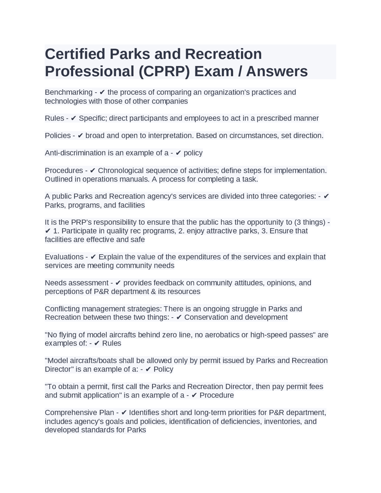 Certified Parks and Recreation Professional (CPRP) Exam Answers. | Exams Nursing | Docsity