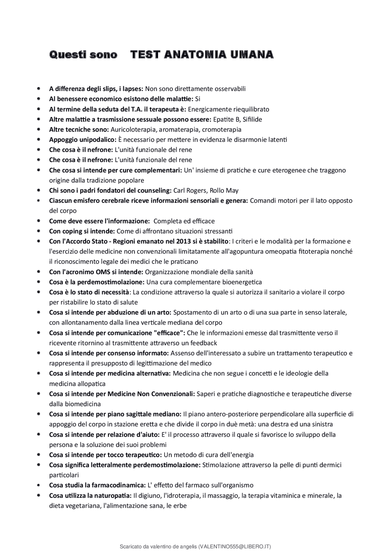 Test anatomia parte finale | Prove d'esame di Anatomia | Docsity