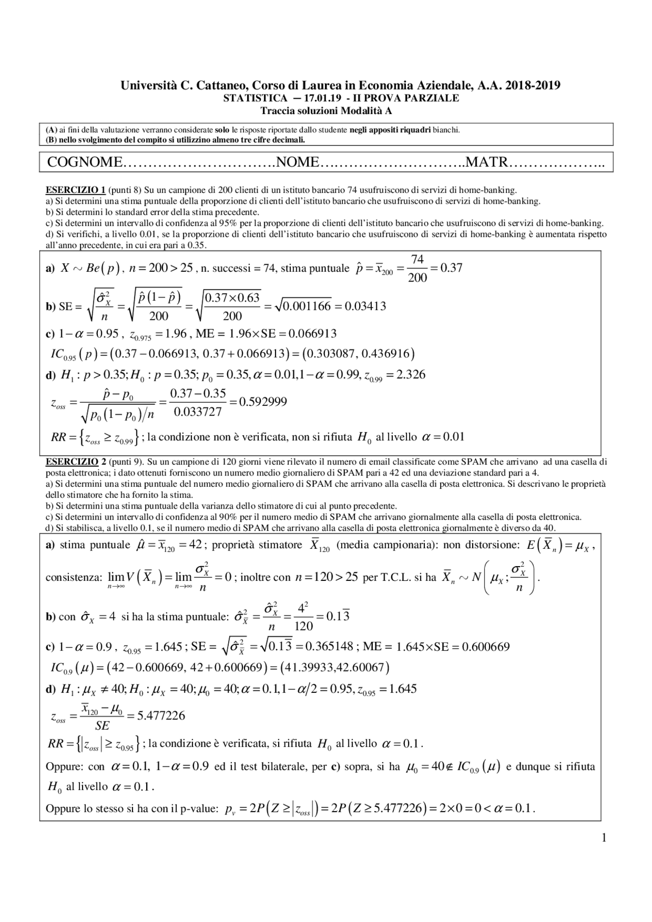Esame Di Statistica Liuc Prove Desame Di Statistica Docsity