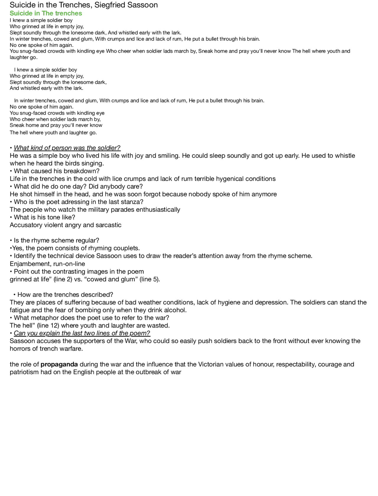 Analysis of the piece with questions and answers taken from a test ...