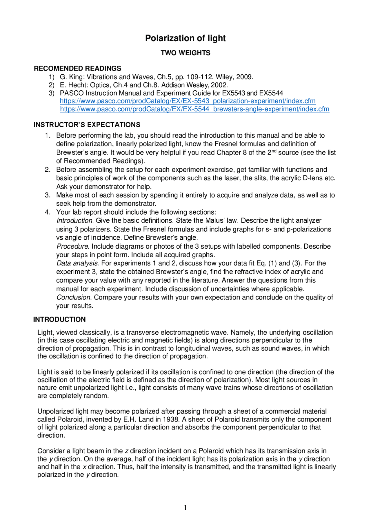 Polarization Of Light Exercises Law Docsity