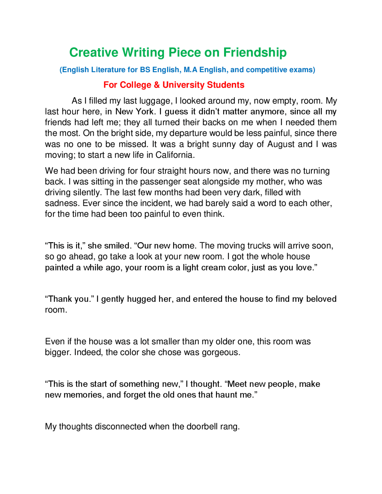 Creative Writing Piece on Friendship | Study notes English Language ...