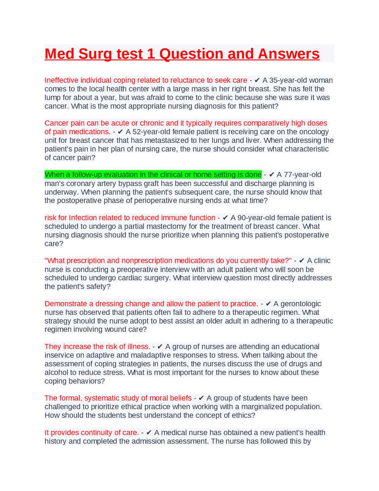 Med Surg test 1 Question and Answers.LATEST 2022 | Exams Nursing | Docsity