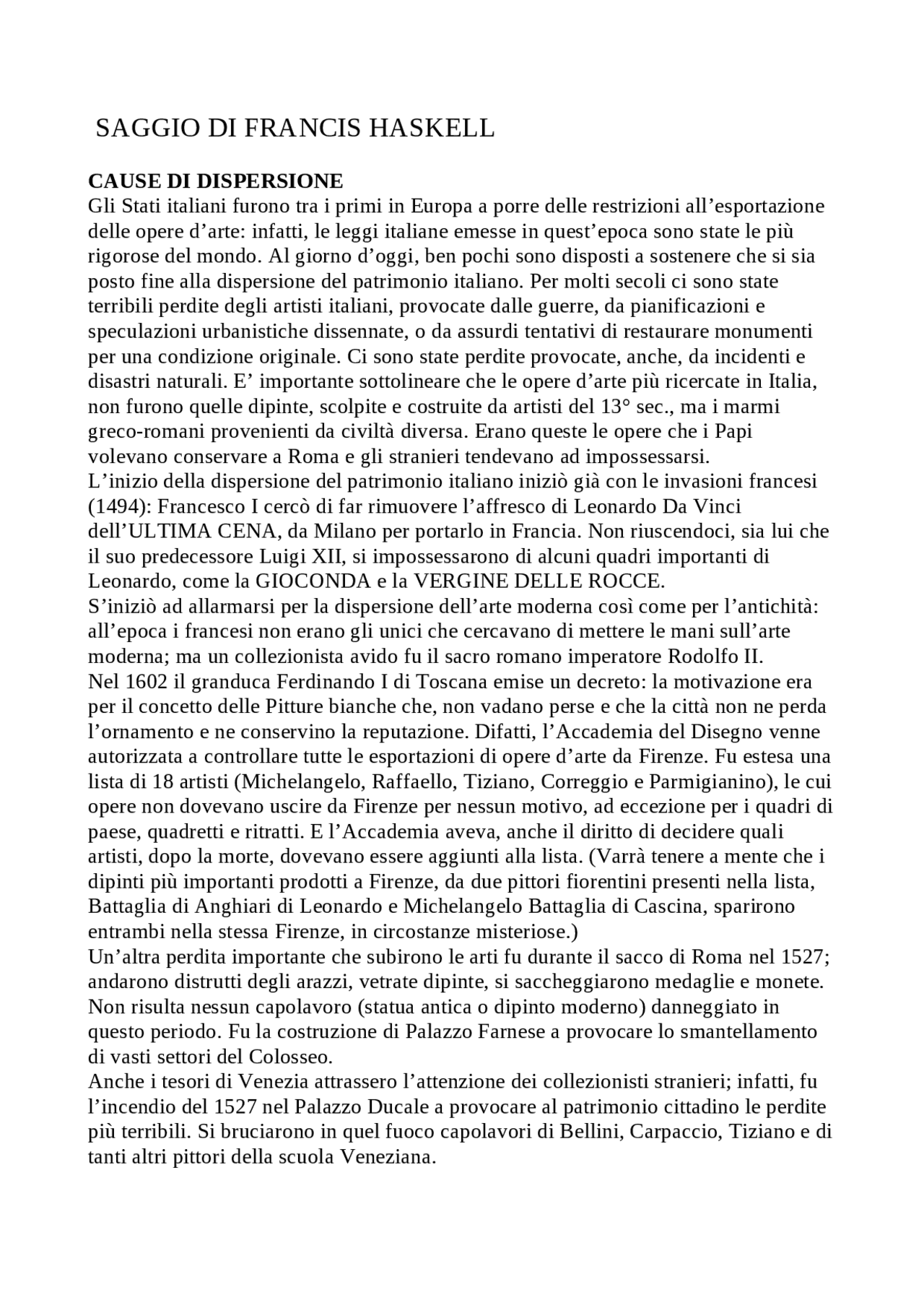 RIASSUNTO DEL SAGGIO DI FRANCIS HASKELL | Dispense di Museologia | Docsity