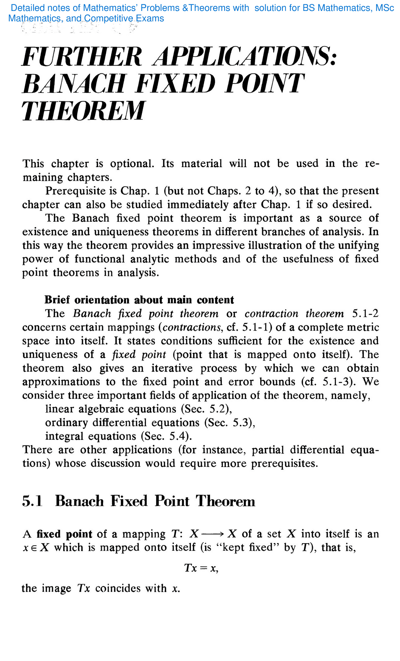 Functional Analysis Further Applications Banach Fixed Point Theorem