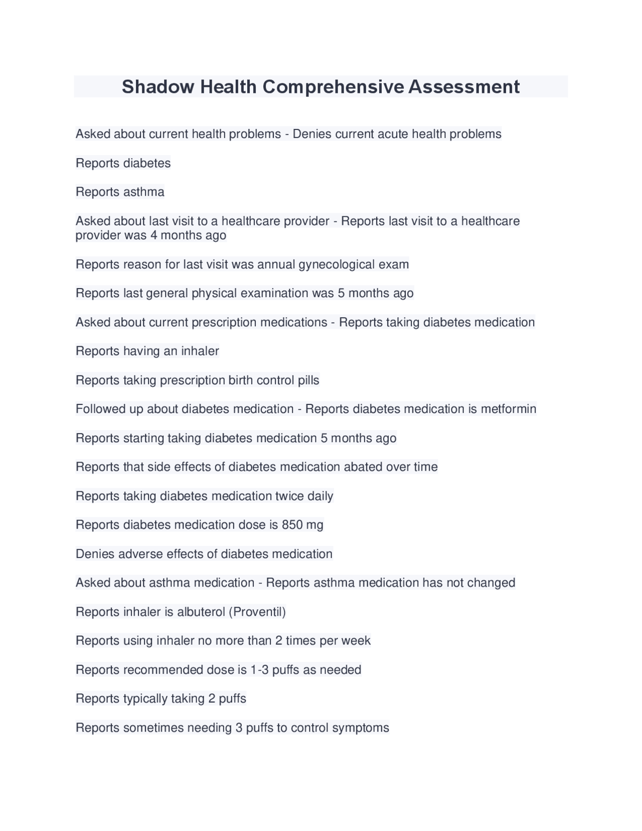 Shadow Health Comprehensive Assessment 2022/2023 | Exams Nursing | Docsity