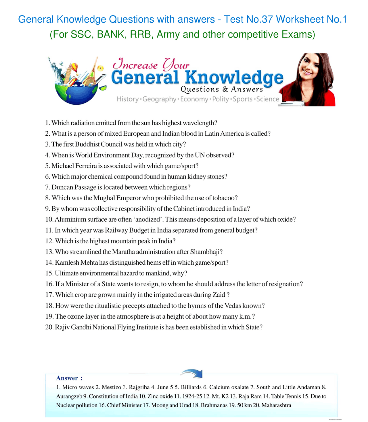 General Knowledge Questions with answers -test sheet 37 for all types ...