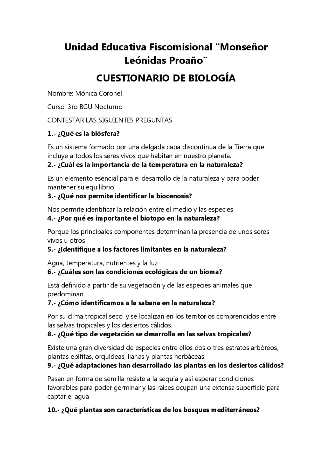 Cuestionario de biologia 3ro de bachillerato | Ejercicios de Biología | Docsity