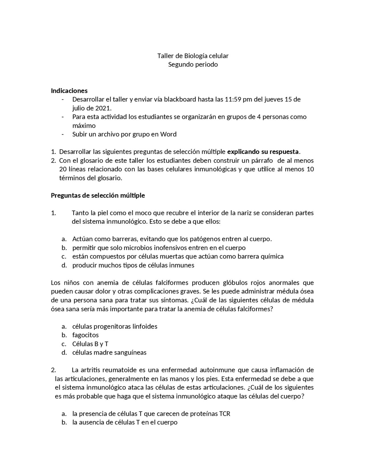 Generalidades Sistema Inmune Ejercicios De Biología Celular Docsity