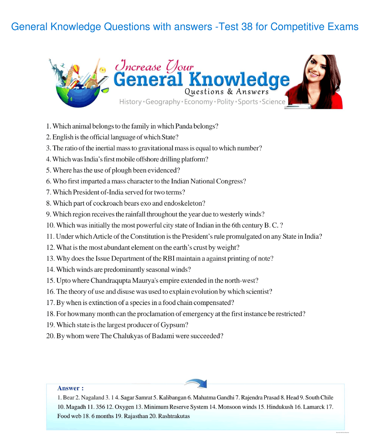 General Knowledge Questions with answers -test sheet 38 for all types ...