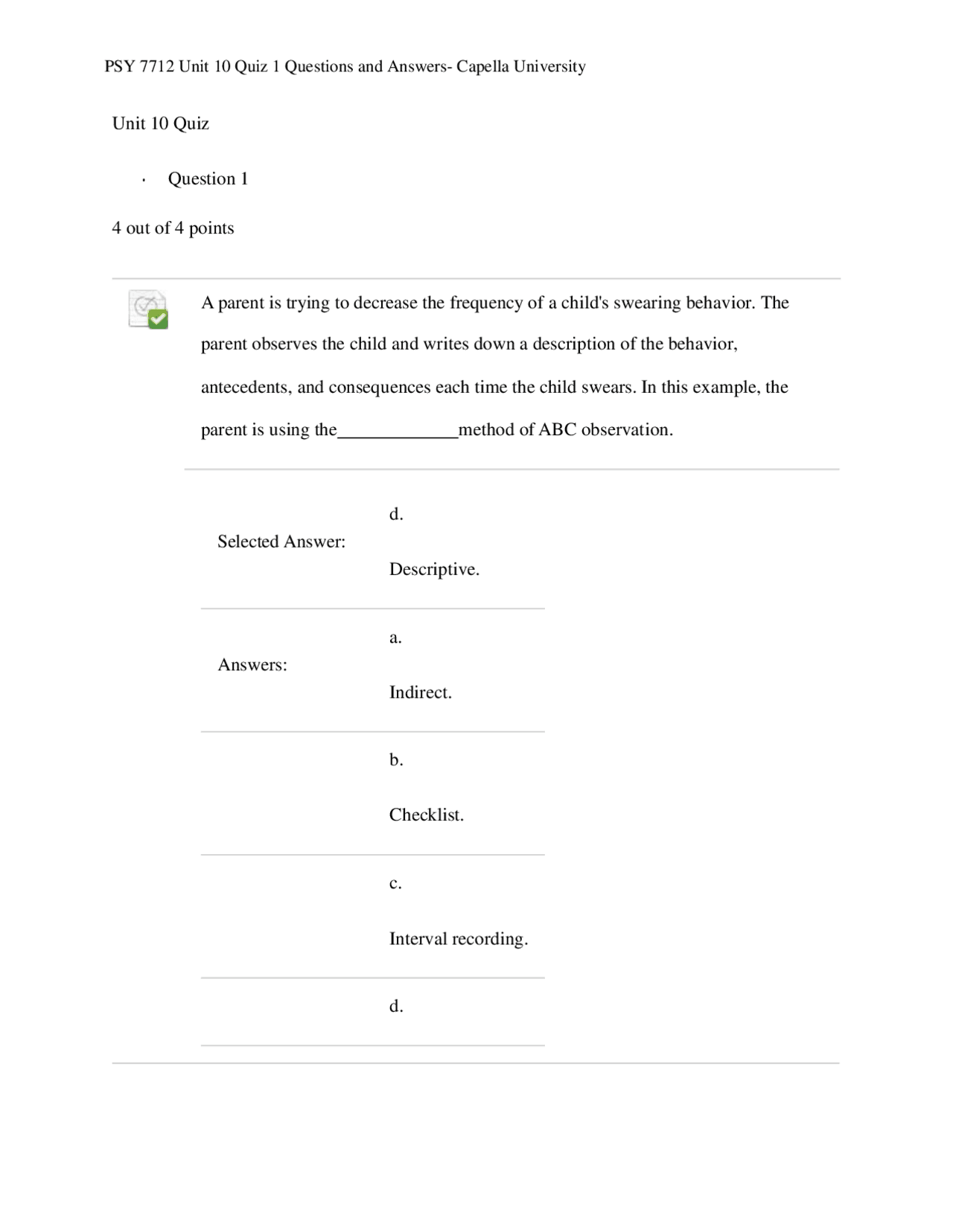 Psy 7712 Unit 10 Quiz 1 Questions And Answers Capella University Docsity