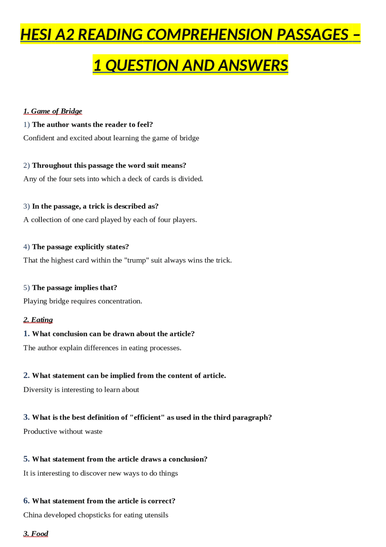 HESI A2 READING COMPREHENSION PASSAGES – 1 QUESTION AND ANSWERS | Exams ...