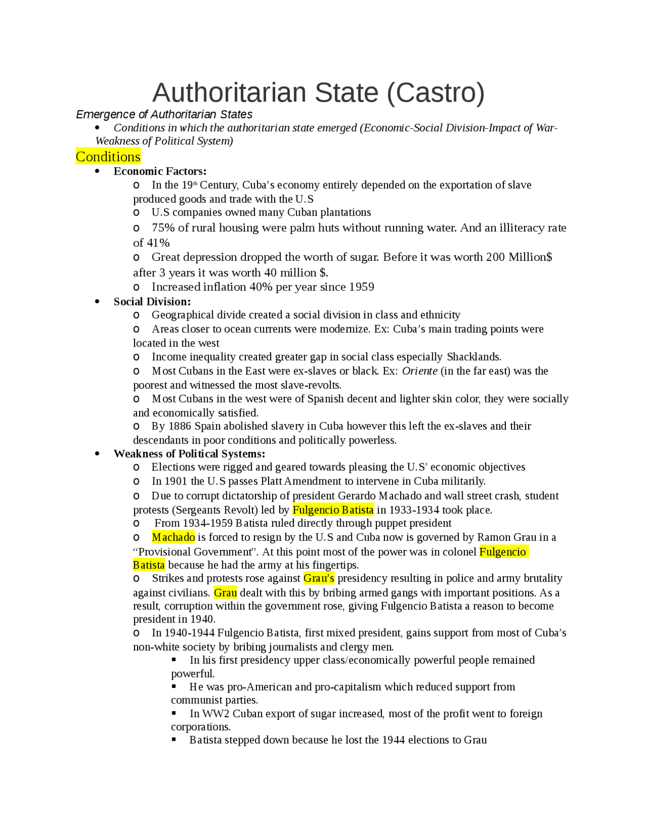 HIST HIST 1002IB History notes: Authoritarian States(CASTRO) | Exams ...