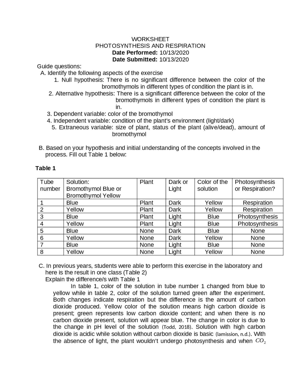 Photosynthesis and Respiration | Lab Reports Biology | Docsity