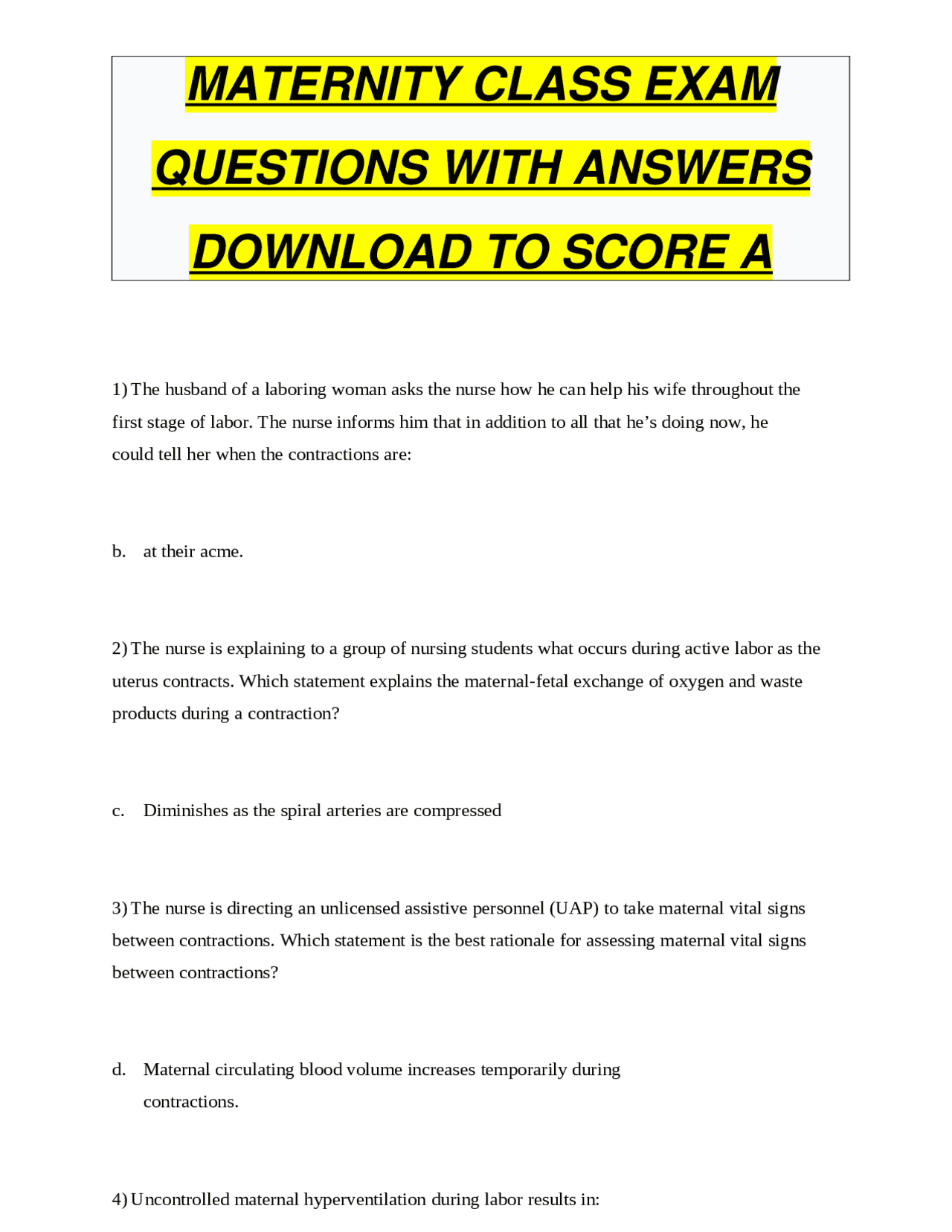 MATERNITY CLASS EXAM QUESTIONS WITH ANSWERS DOWNLOAD TO SCORE A | Exams ...