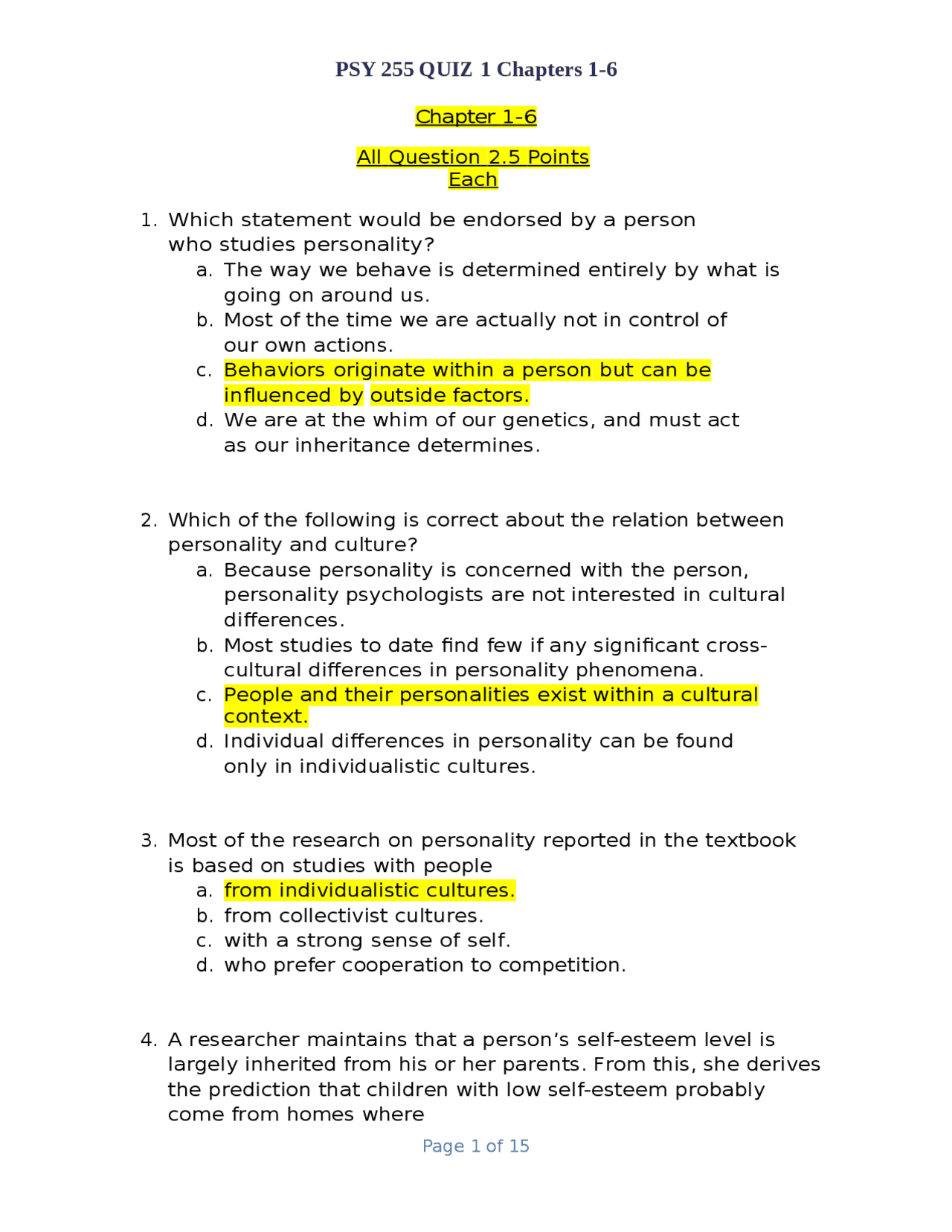 Psy 255 Quiz 1 Chapters 1 6 Complete Questions And Answers 2020 2021