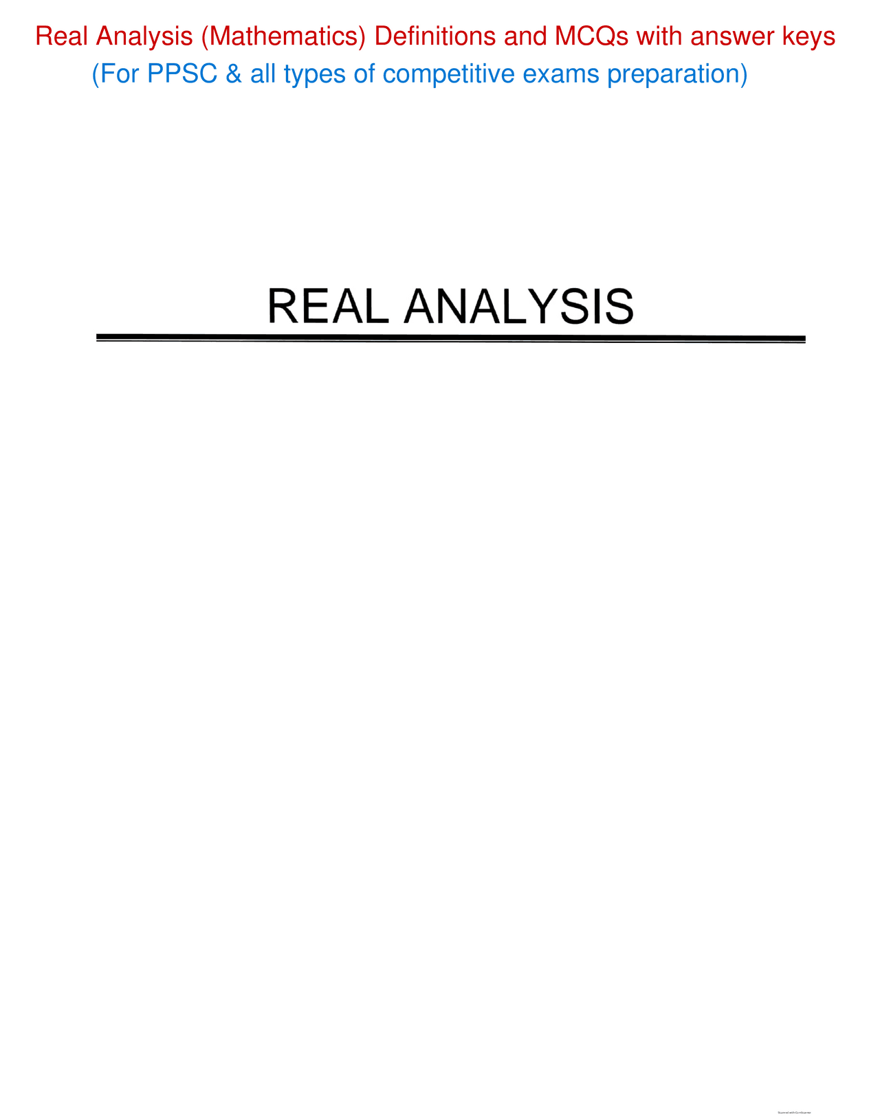 Real Analysis Mathematics Definitions And Mcqs With Answer Keys For