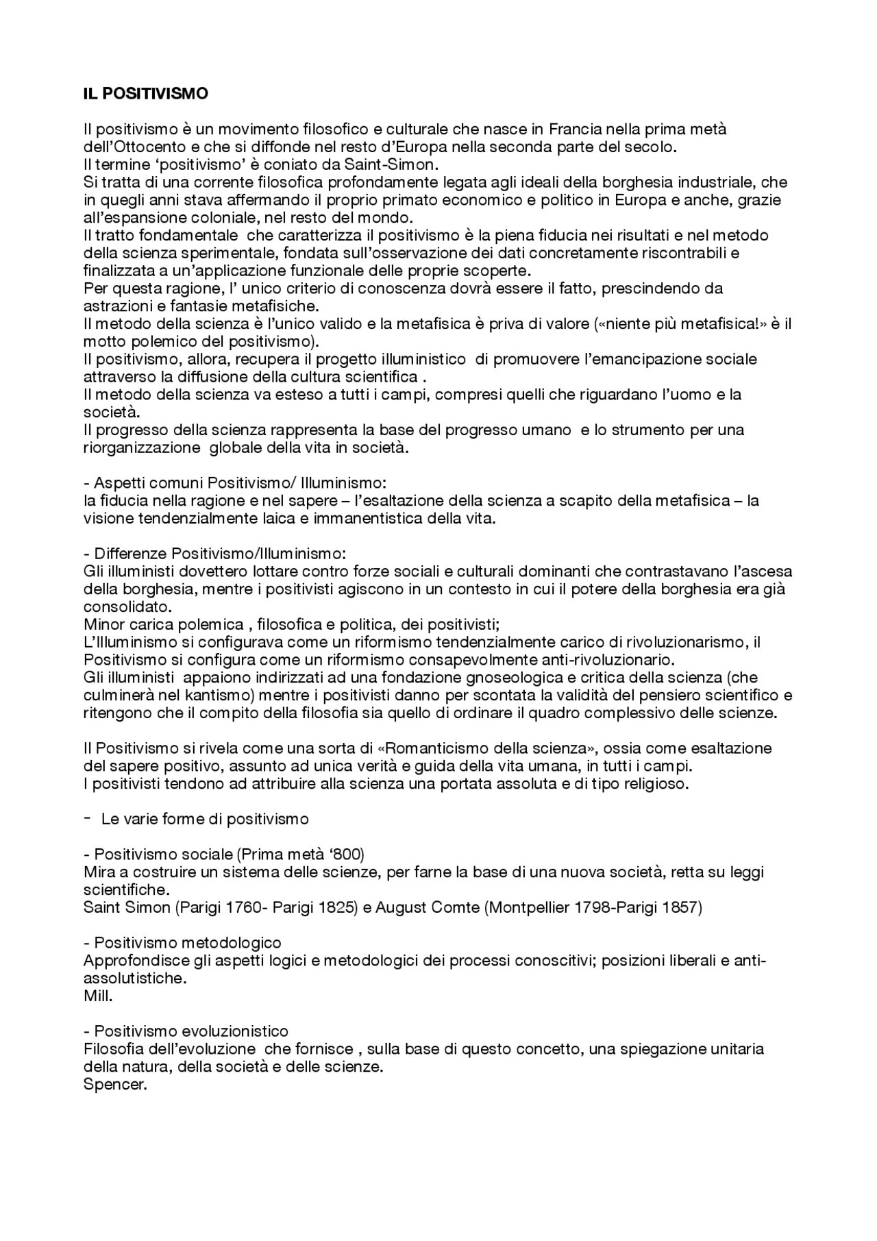 Riassunto Sul Positivismo Appunti Di Filosofia Docsity