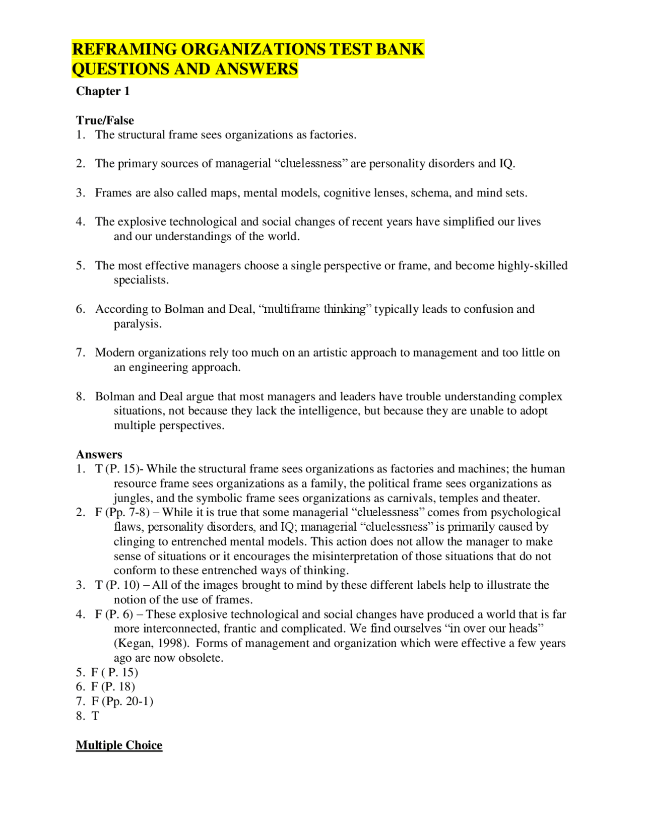 REFRAMING ORGANIZATIONS TEST BANK QUESTIONS AND ANSWERS | Exams Nursing ...