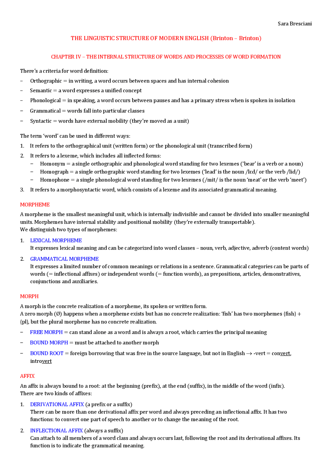 Riassunto The Linguistic Structure of Modern English Brinton | Appunti di Lingua Inglese | Docsity