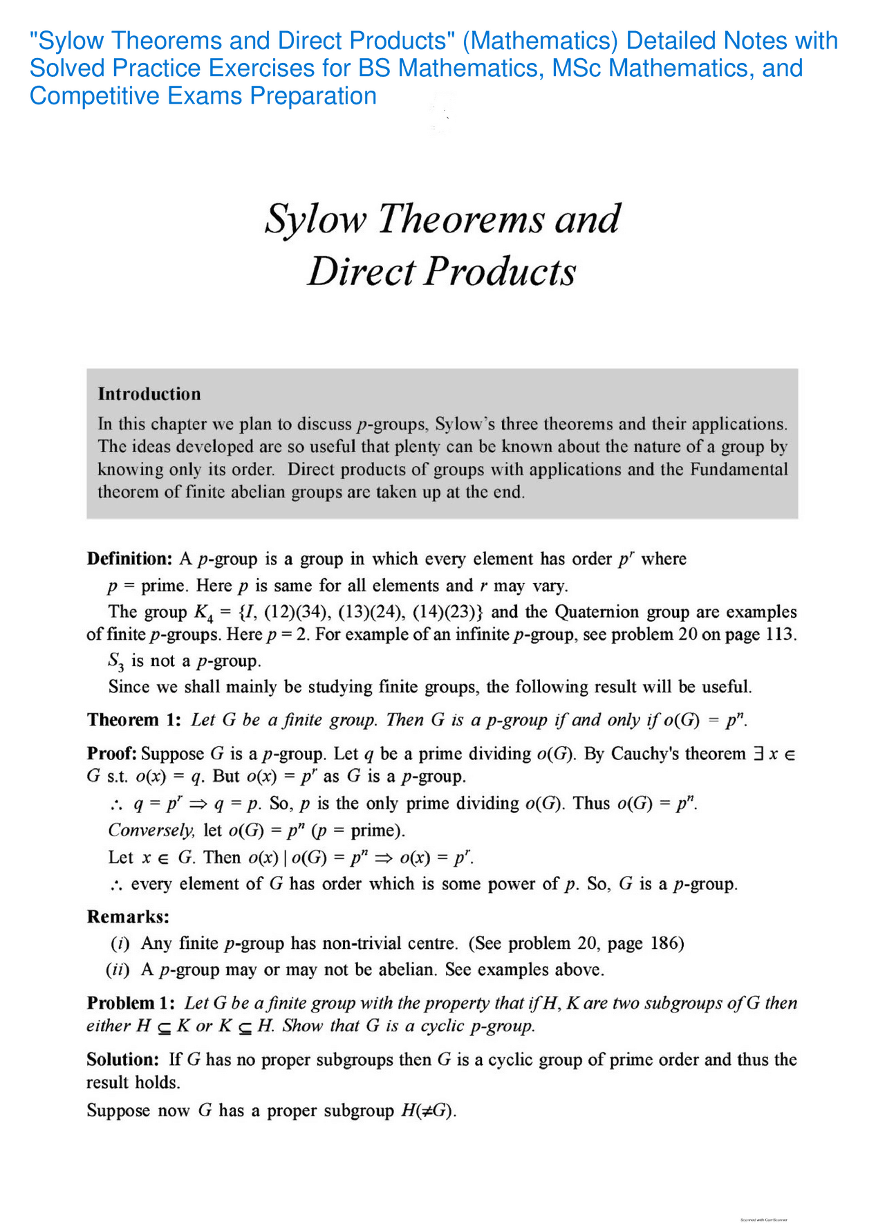 Sylow Theorems and Direct Products (Mathematics) Detailed Notes with ...