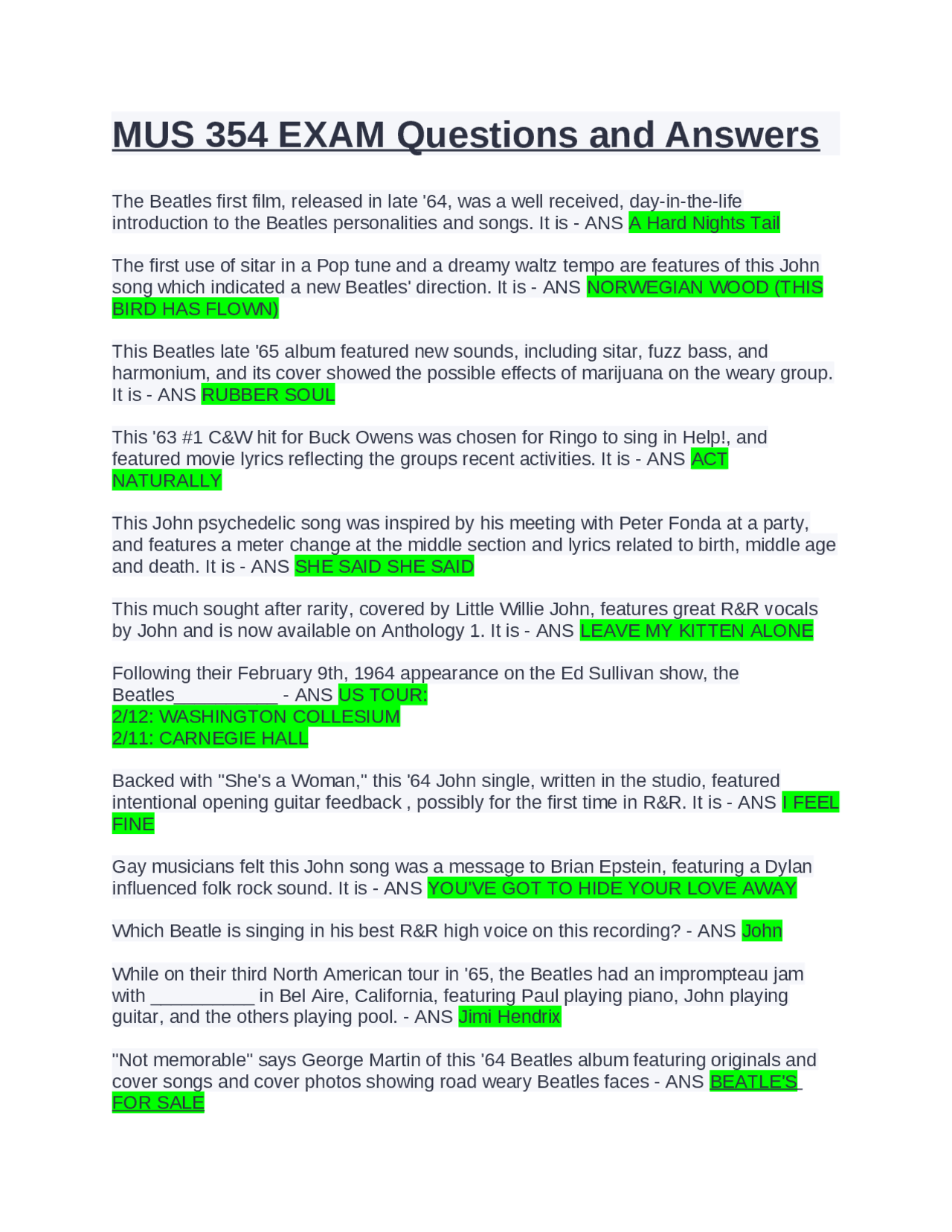 Mus 354 Exam Questions And Answers Exams Nursing Docsity