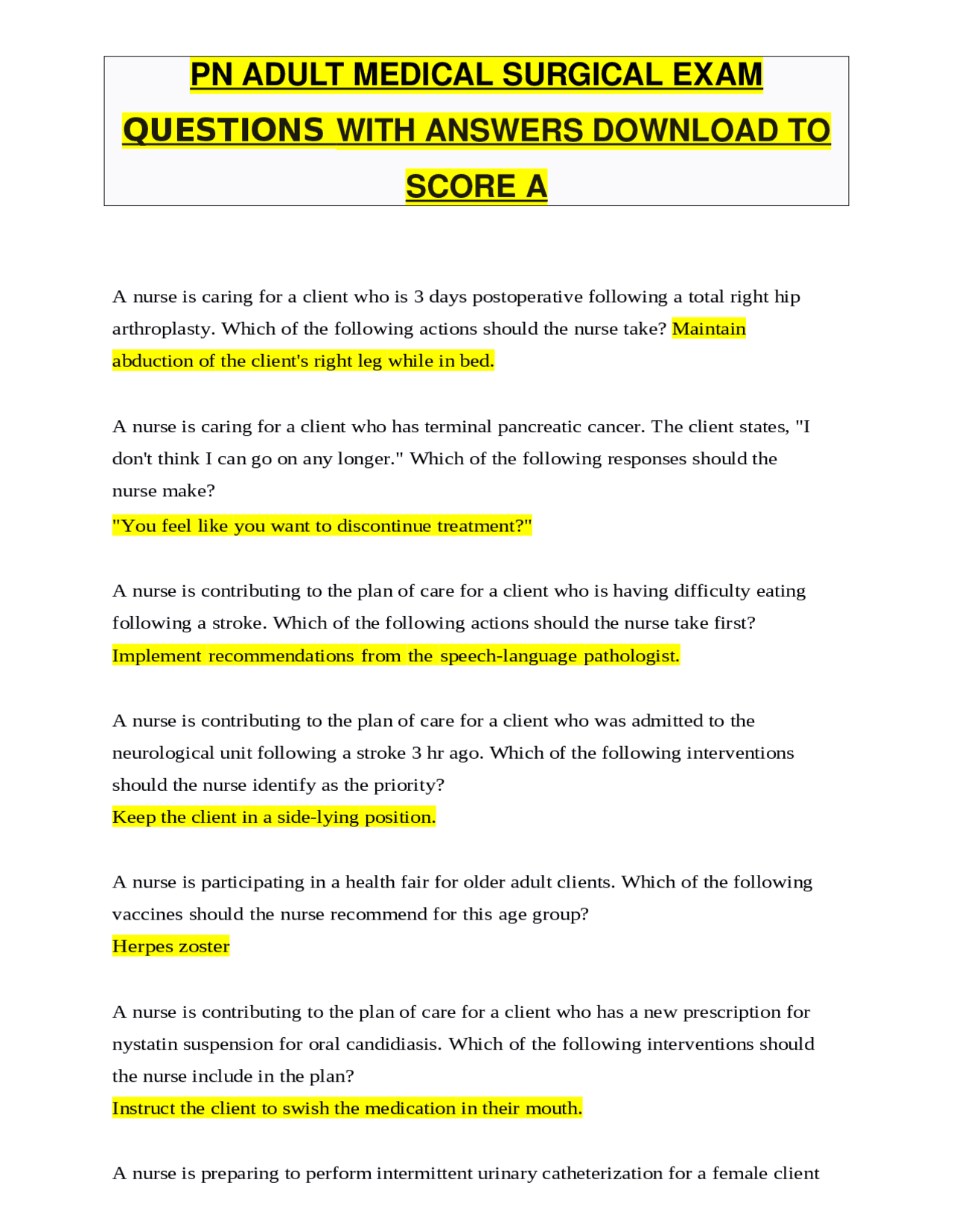 PN ADULT MEDICAL SURGICAL EXAM QUESTIONS WITH ANSWERS DOWNLOAD TO SCORE ...