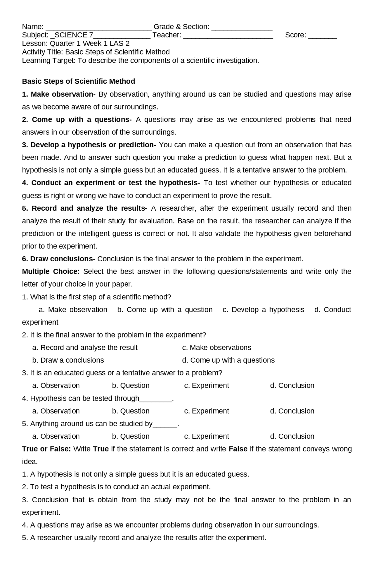 This is the learning Activity Sheet in Science 7 | Exercises ...