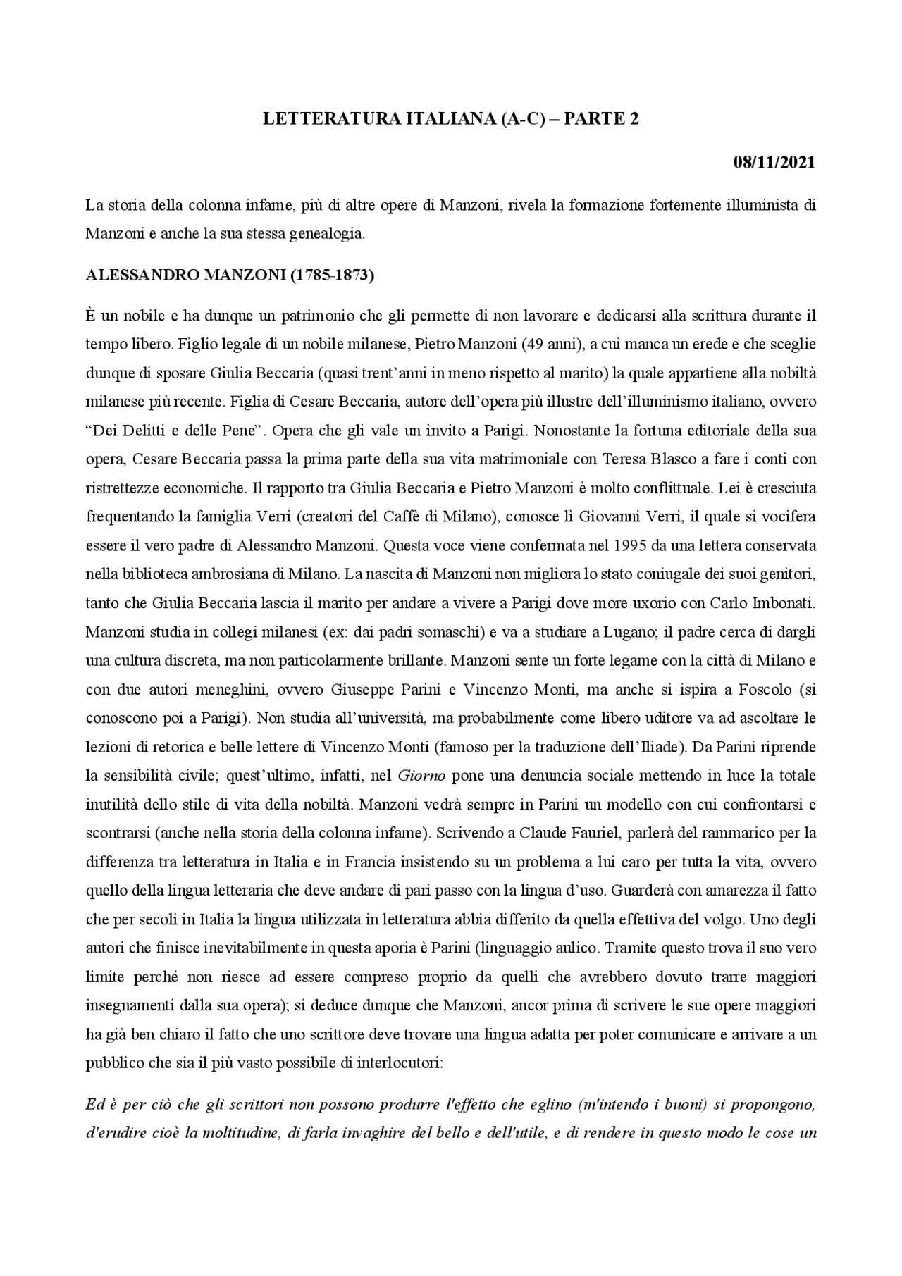 Appunti letteratura italiana mod C (Manzoni) | Appunti di Letteratura Italiana | Docsity