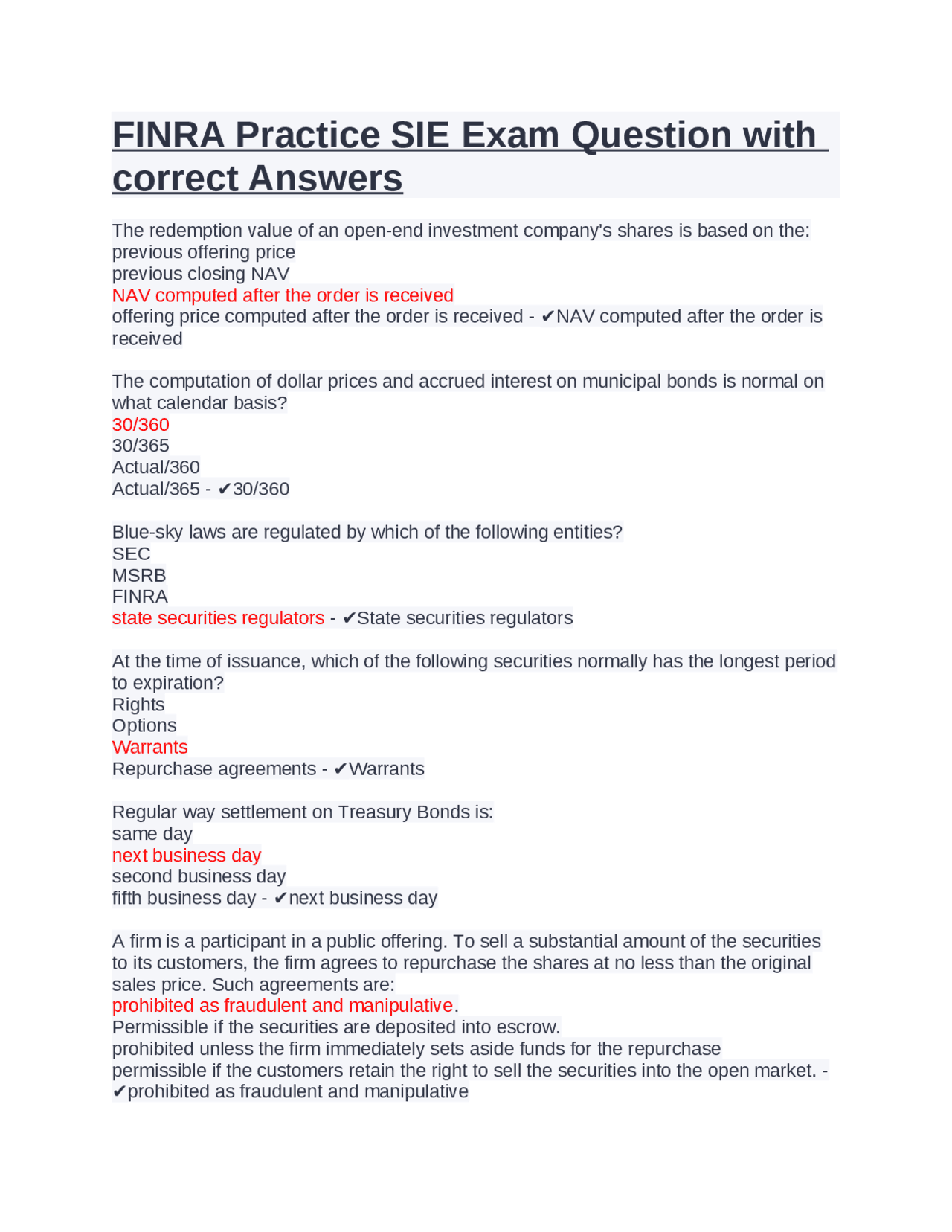 FINRA Practice SIE Exam Question With Correct Answers Exams Nursing FINRA Practice SIE Exam Question With Correct Answers Exams Nursing