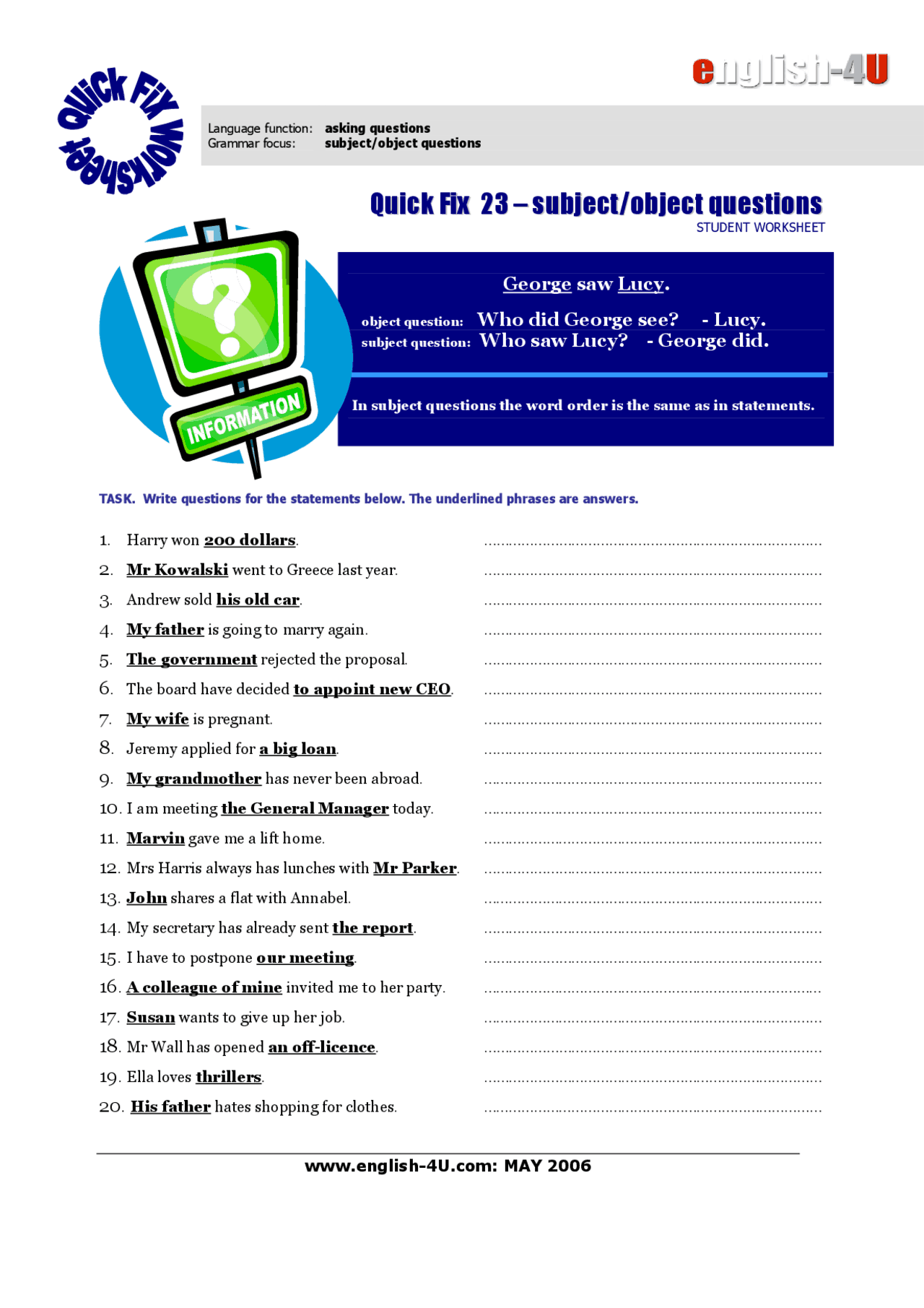 Subject And Object Questions Apuntes De Inglés Docsity