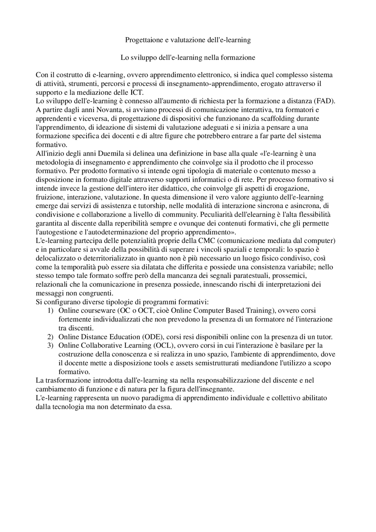 Progettazione e valutazione dell' e-learning | Appunti di Machine learning | Docsity