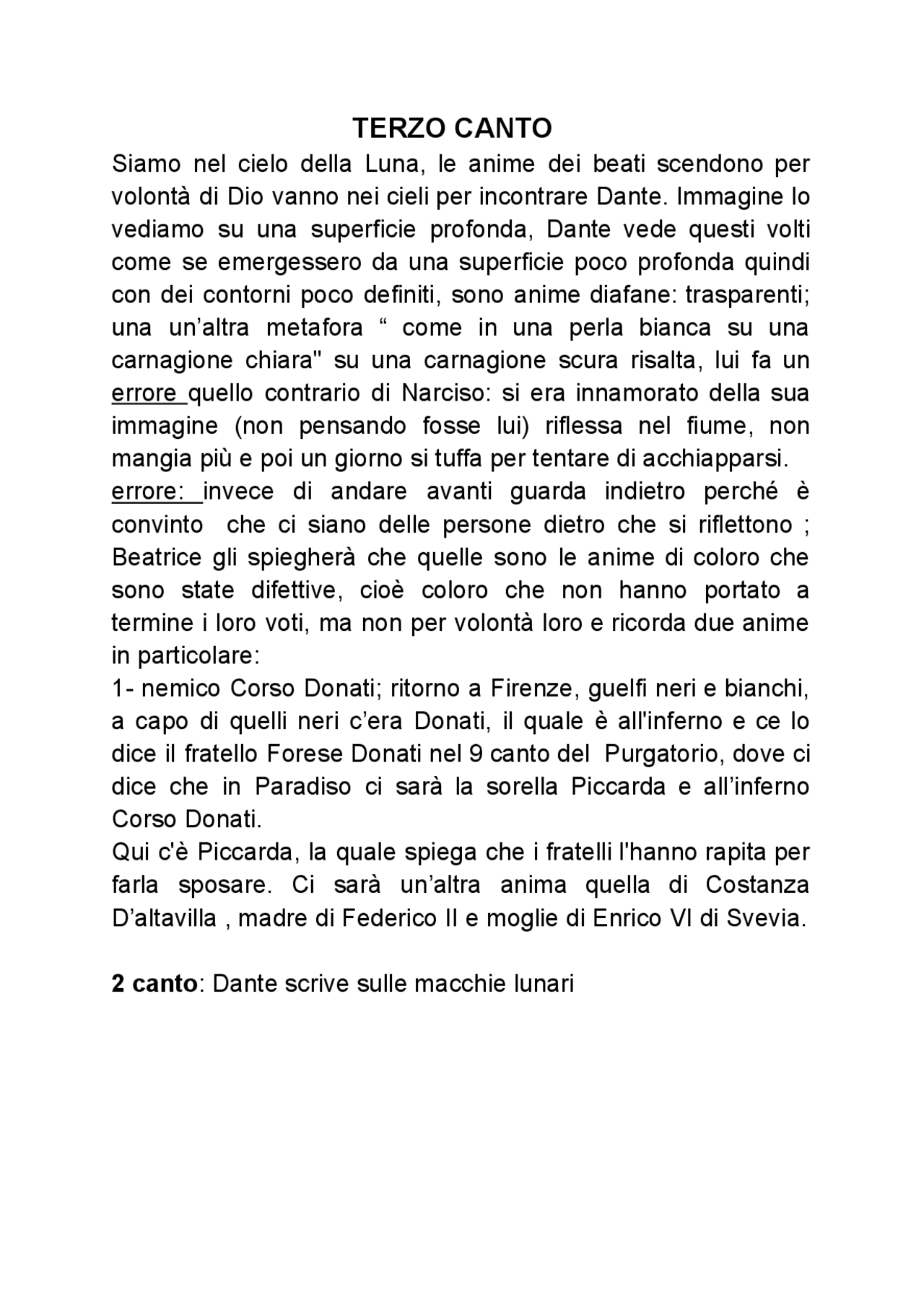 Terzo canto del paradiso | Schemi e mappe concettuali di Italiano | Docsity